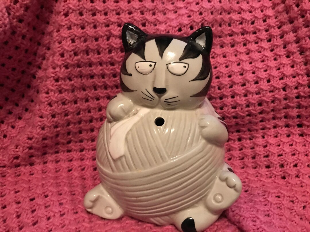 Adorable Black and White Tabby Tomcat Ceramic String Holder by ...
