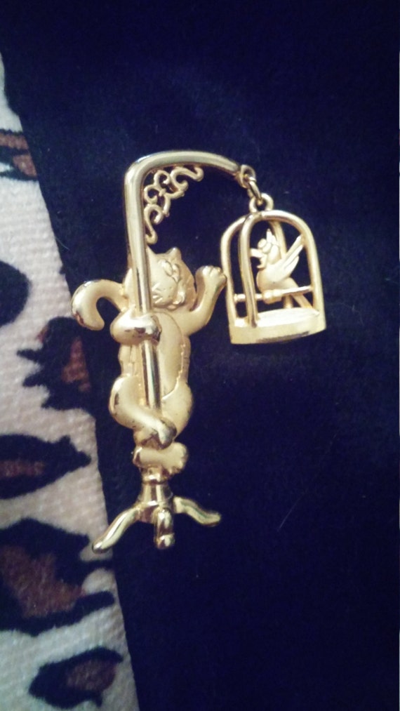 JJ Vintage Gold Tone CAT Kitty Bird Cage Brooch Pin … - Gem