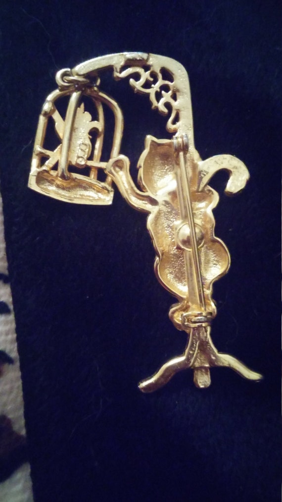 JJ Vintage Gold Tone CAT Kitty Bird Cage Brooch Pin … - Gem