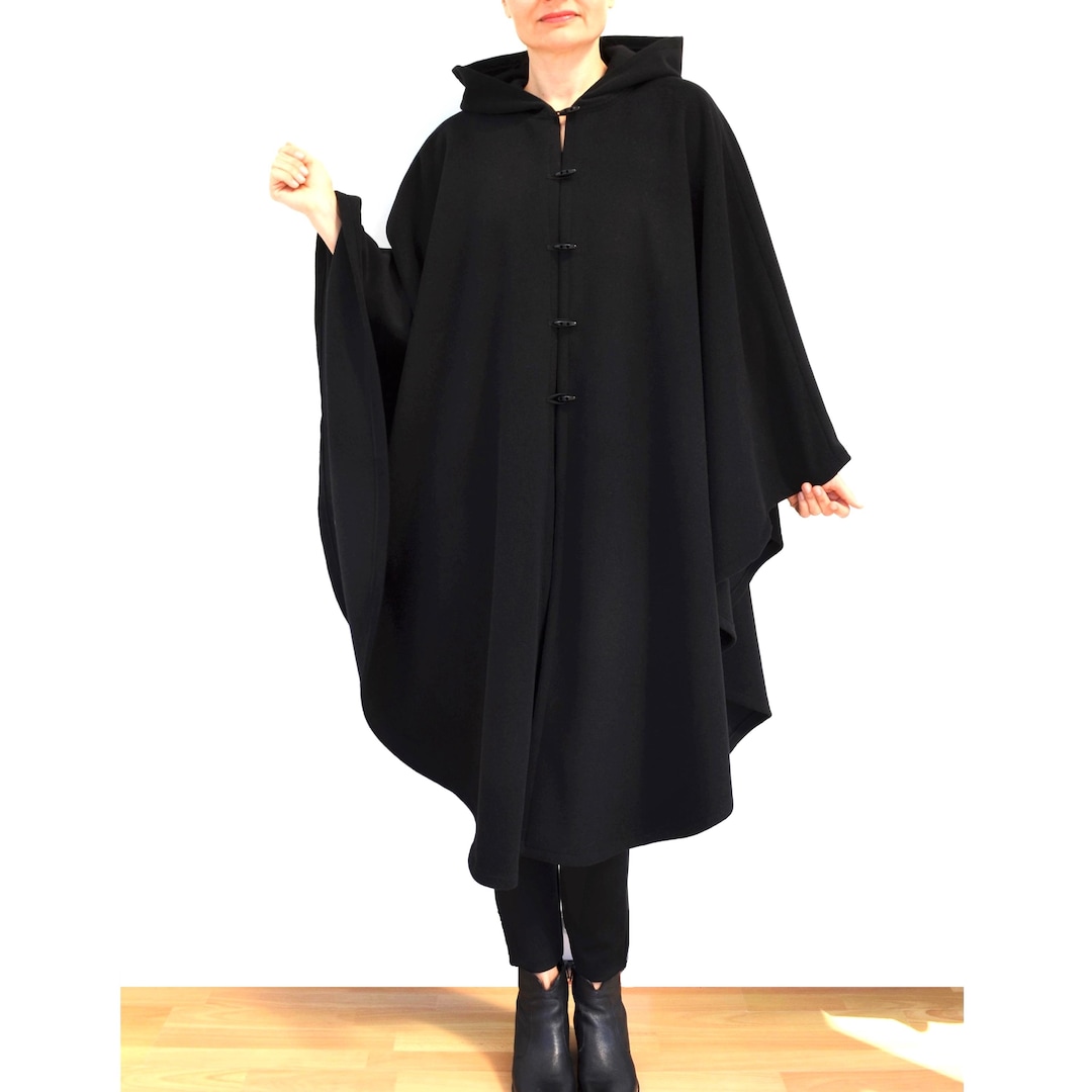 Women's Long Winter Cloak, Black Wool Cape Coat With Hood, Elegant ...
