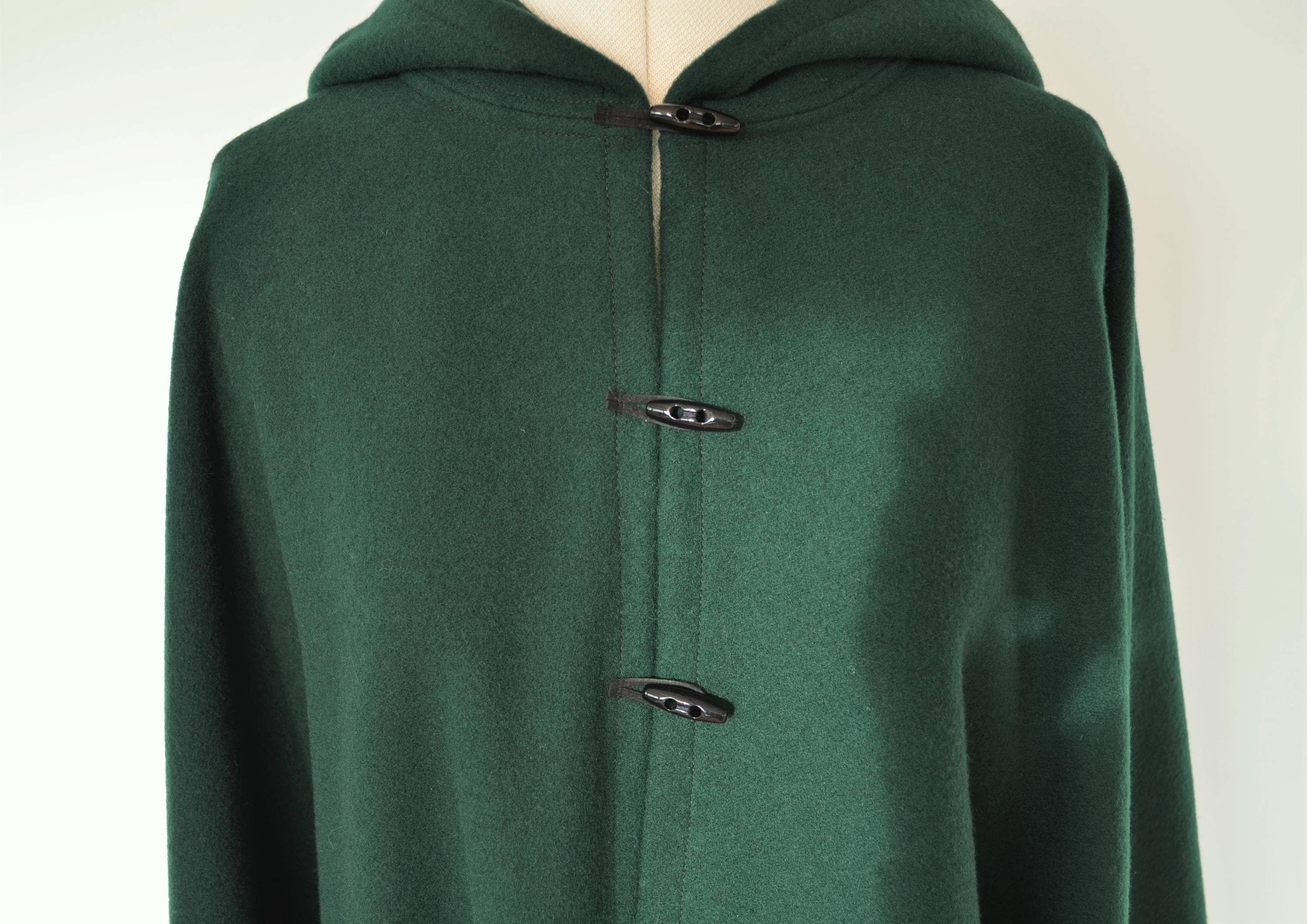 Handmade Long Wool Blend Lined Hooded Green Cape/cloak With