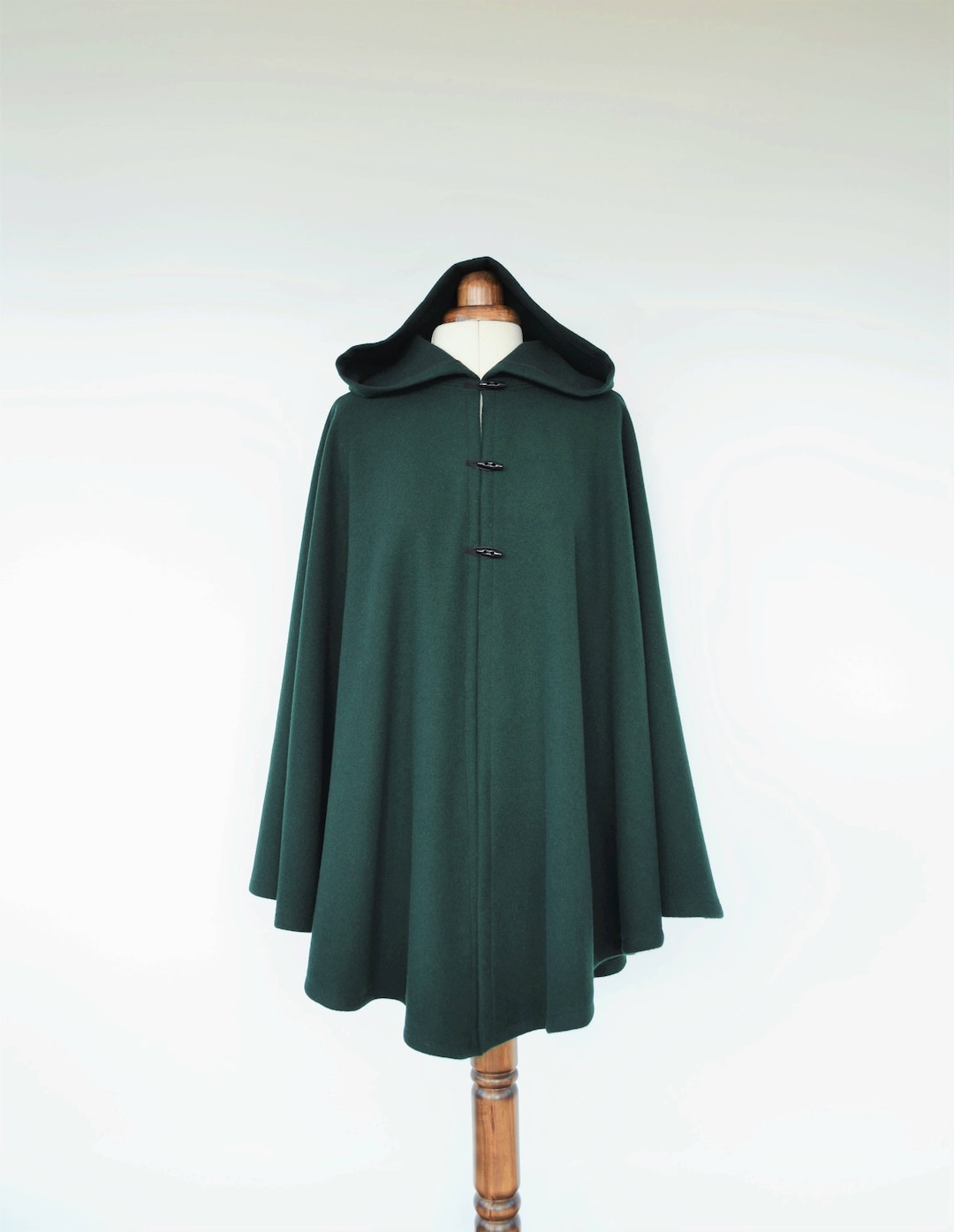 Handmade Long Wool Blend Lined Hooded Green Cape/cloak With