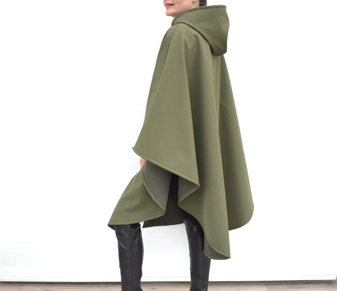 Waterproof and Windproof Cape Coat, Green or Black Hooded Cloak, Women ...