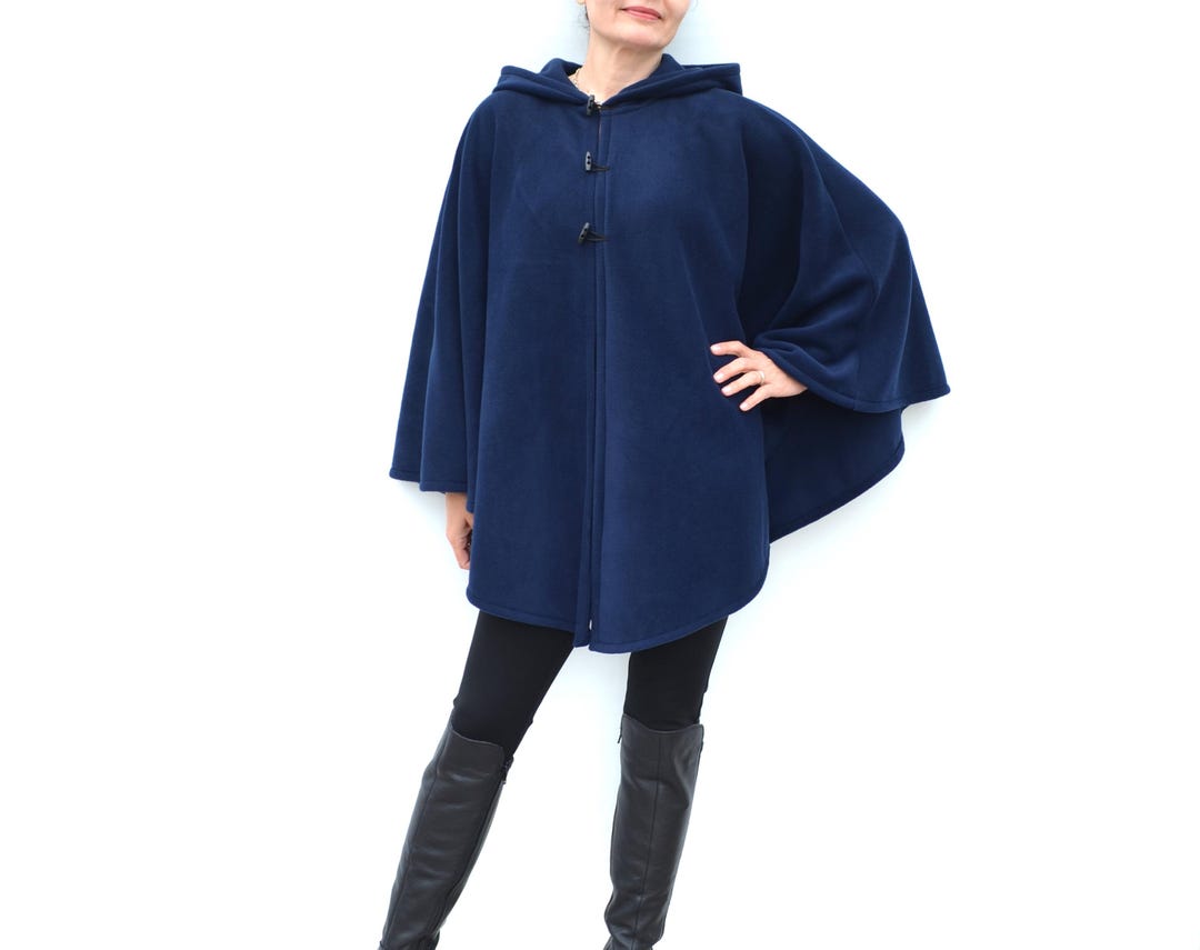 Navy Blue Fleece Cape Coat: Handmade Hooded Poncho Jacket - Etsy UK