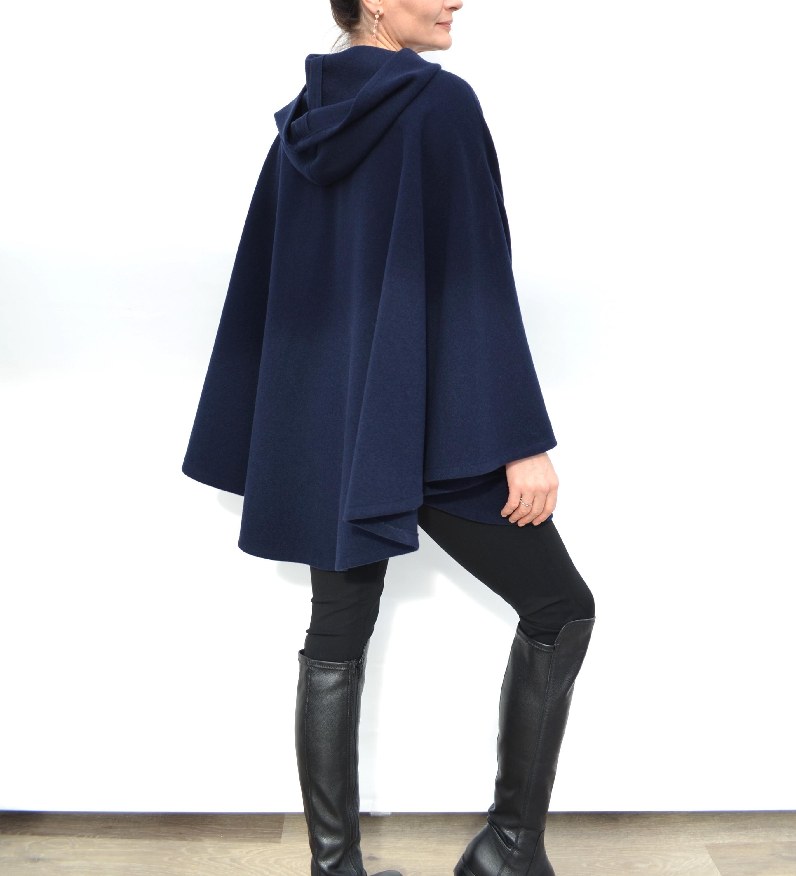 Navy Wool Hooded Cape Coat, Women's Navy Wool Cloak, Easy on Cape ...