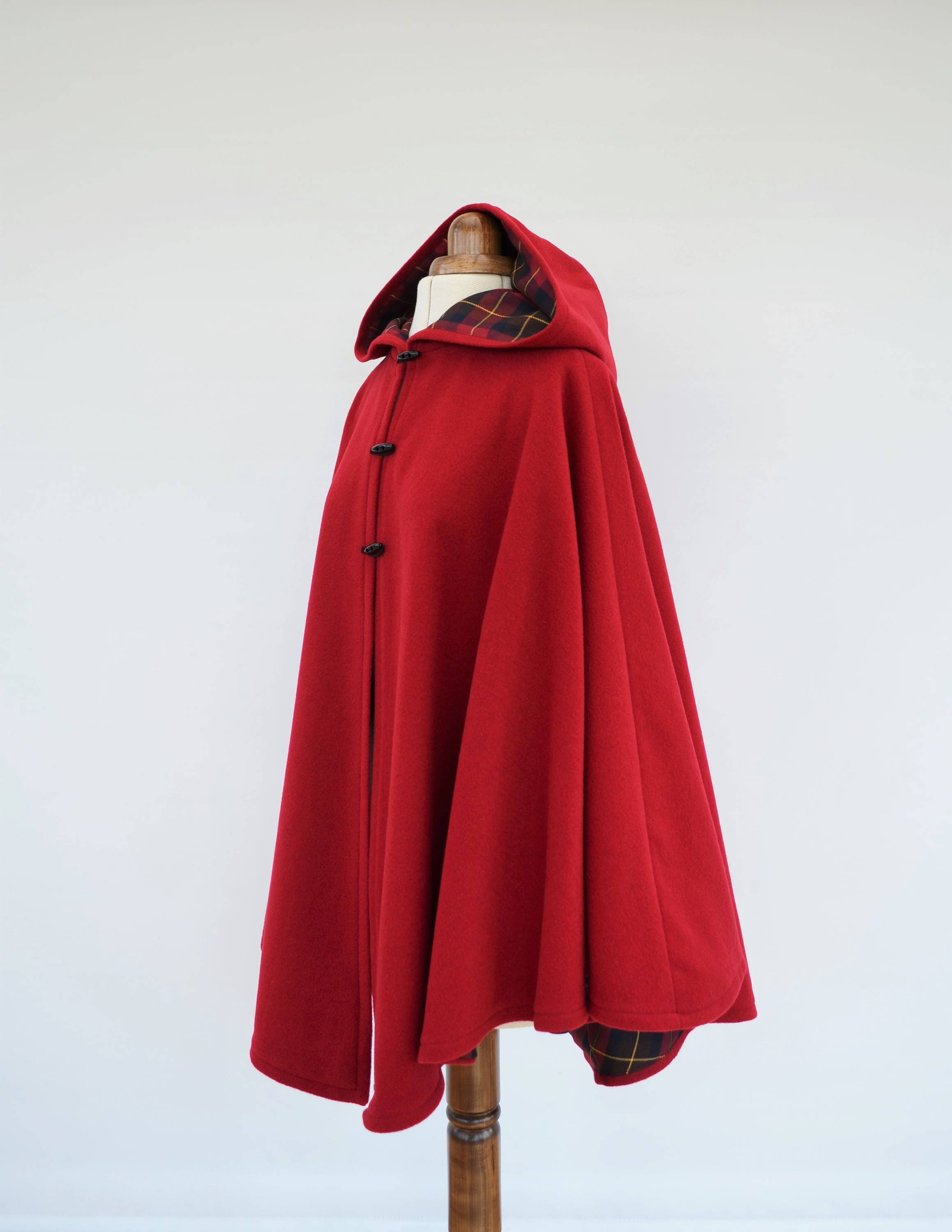 Red Tartan Lined Cape Coat Wool Hooded Cloak Red Wool Poncho - Etsy Canada