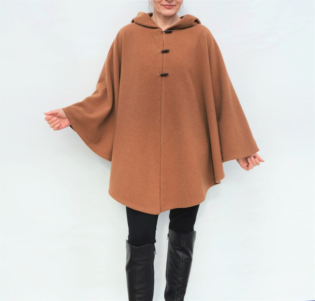 Women's Tan Cape Coat in Wool Blend, Hooded Cloak Regular or Plus Size ...