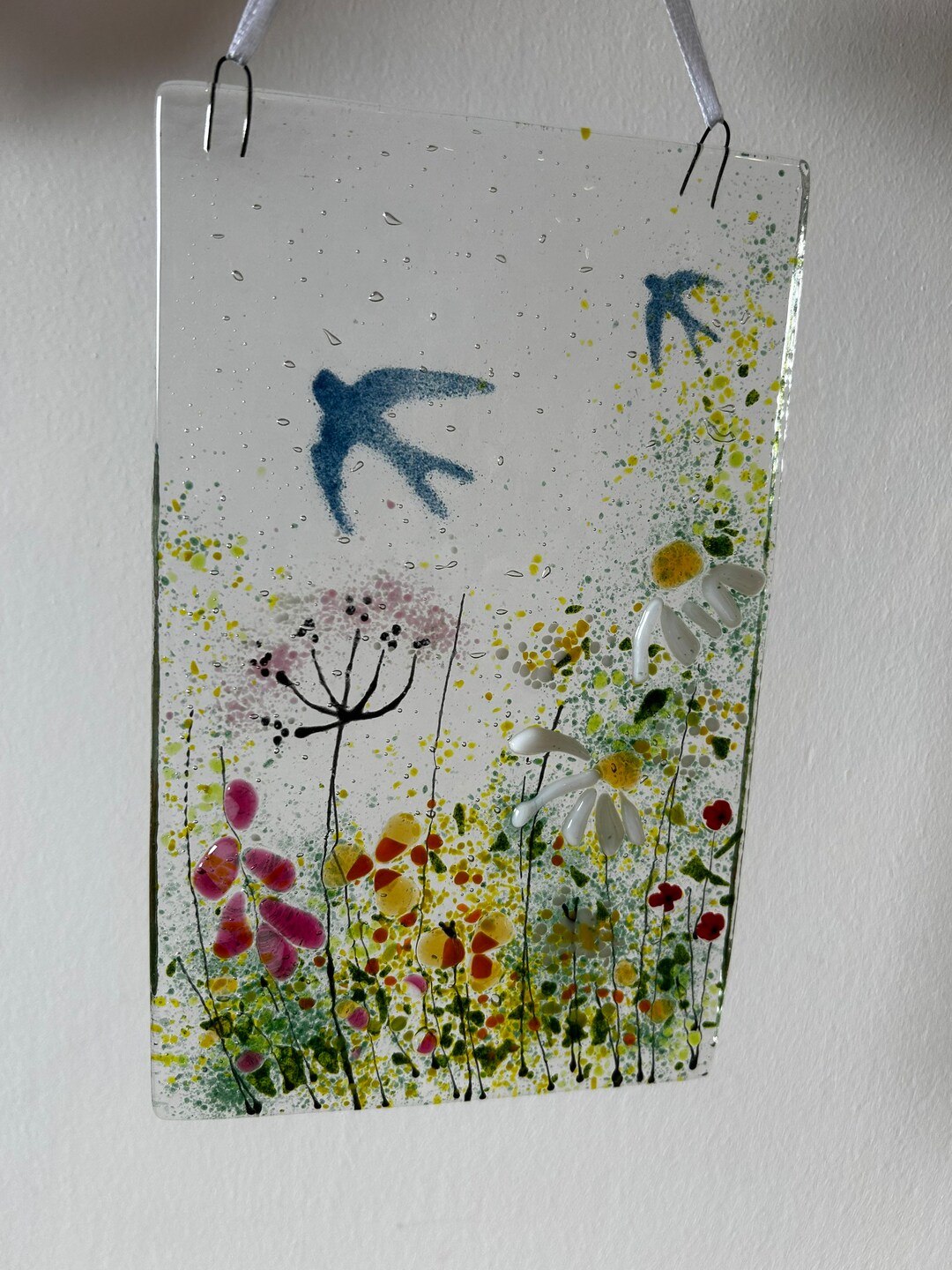 Fused Glass Meadow Hanger With Swallows - Etsy