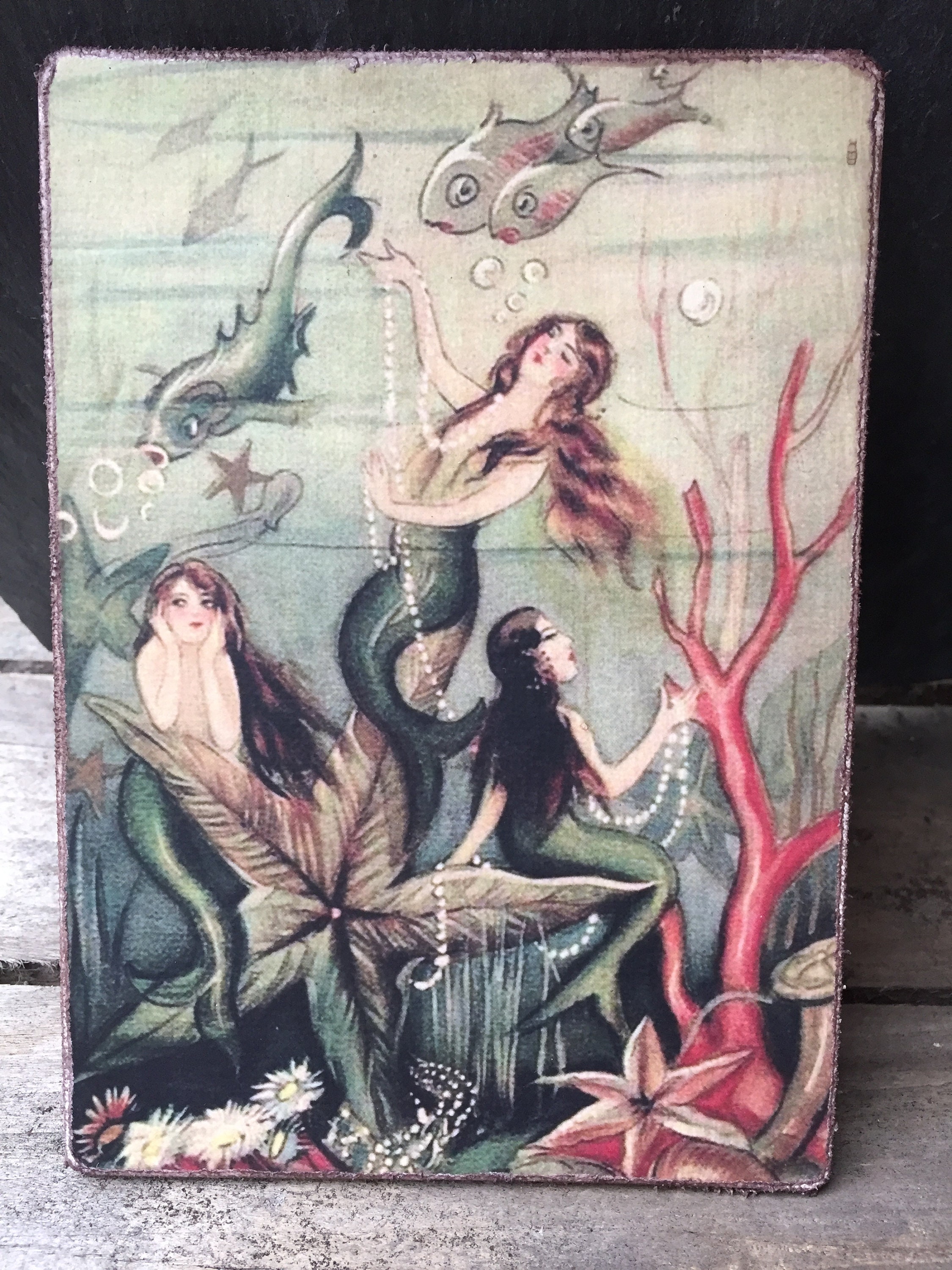 Handmade Antique Reproduction Mermaids in the Sea With Fish on - Etsy
