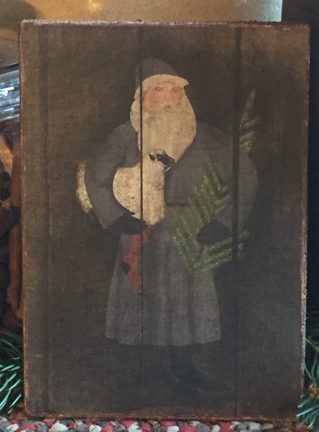 Handmade Folk Art Primitive Christmas Santa Claus in Blue With Sheep ...