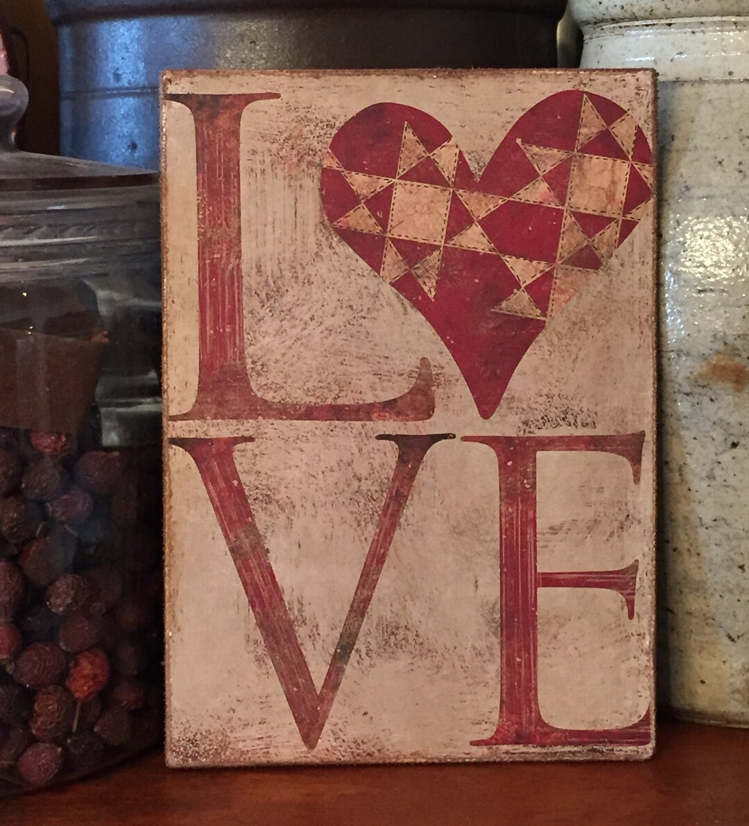 Handmade Primitive Folk Art Valentines Day LOVE Quilt Heart Print on ...