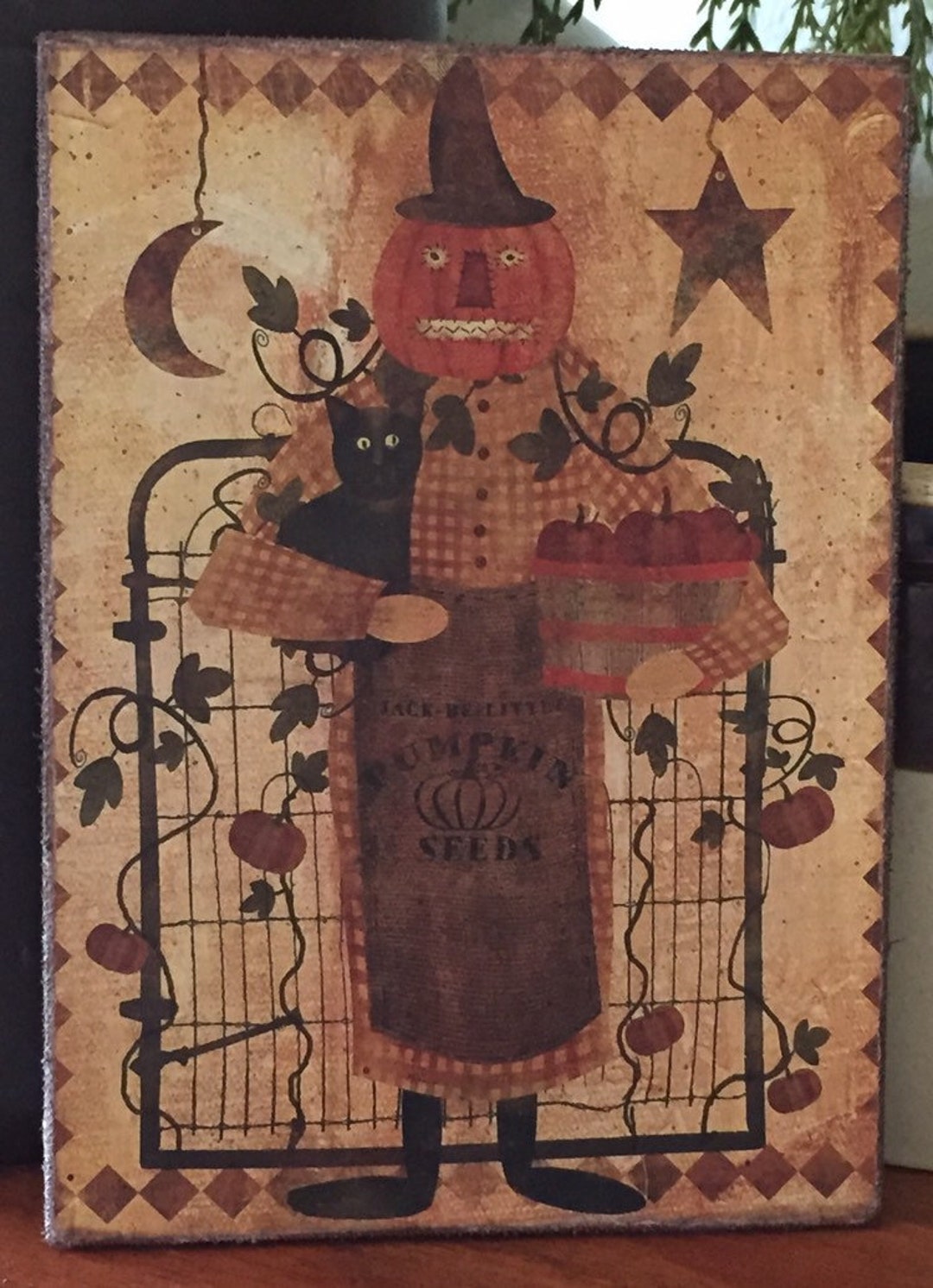 Handmade Primitive Folk Art Fall Pumpkin Head Black Cat Autumn ...