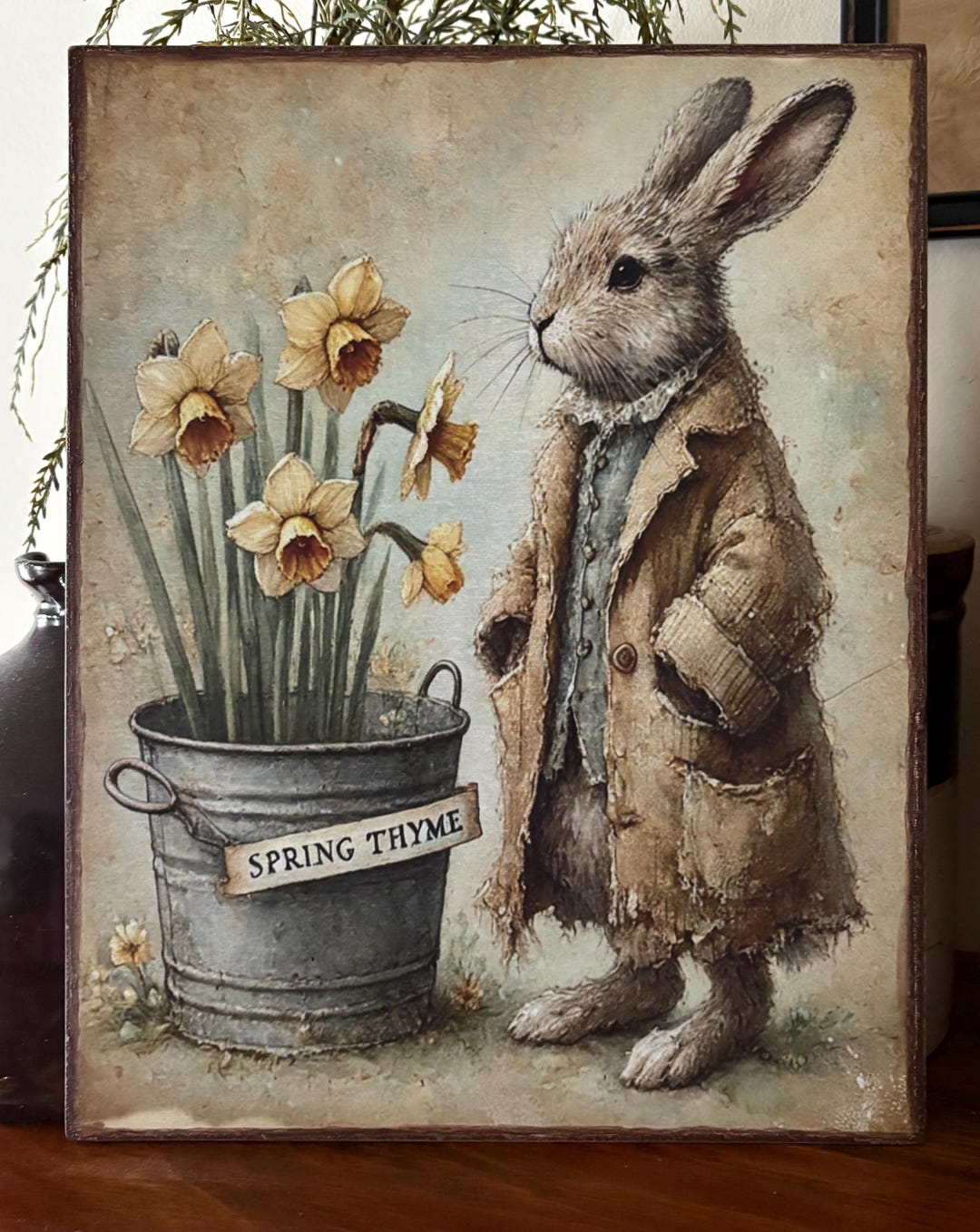 Handmade Primitive Easter Bunny Rabbit in Coat With Daffodils Spring ...