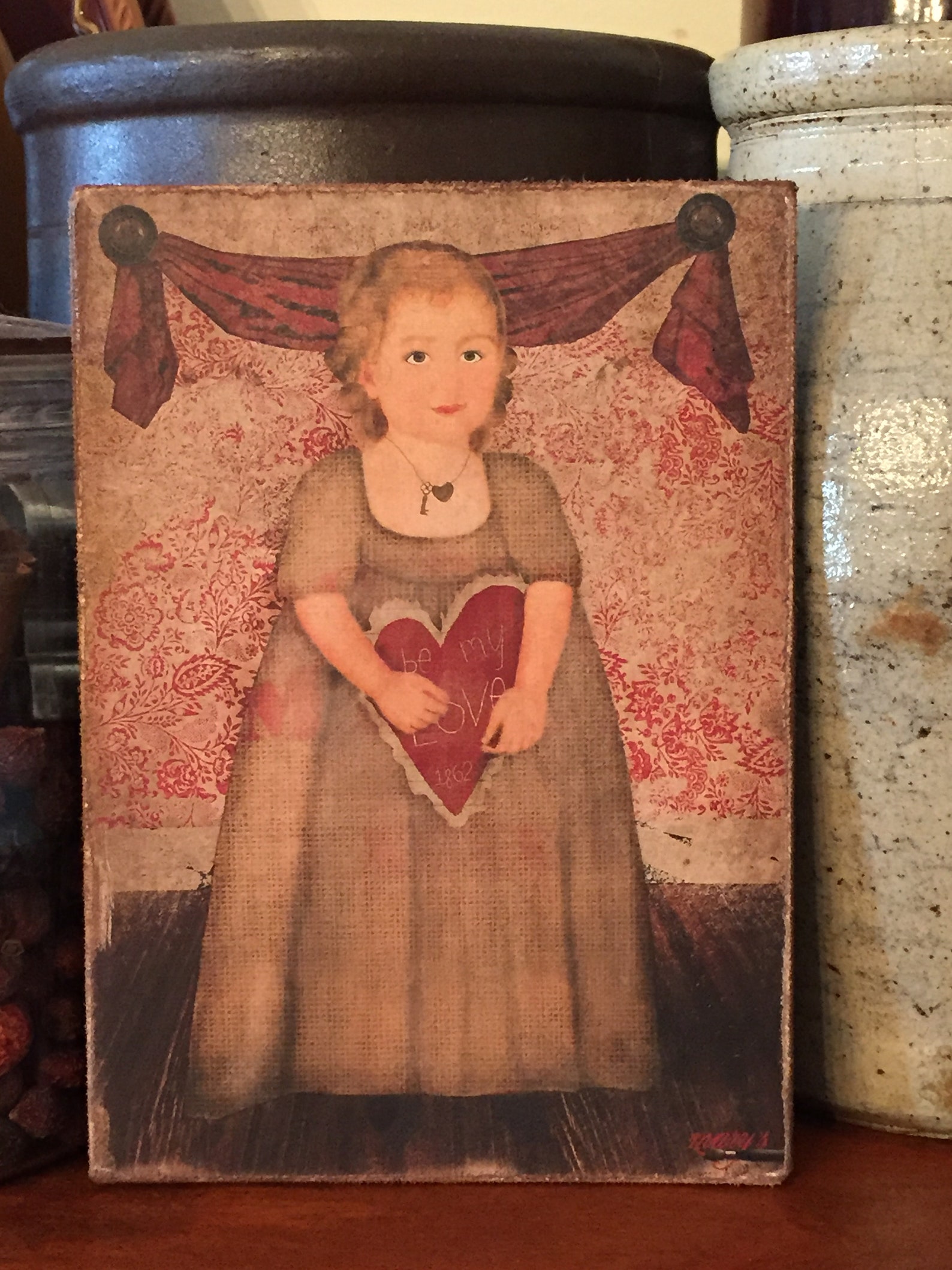 Handmade Primitive Folk Art Valentines Day Girl Brunette Heart With ...