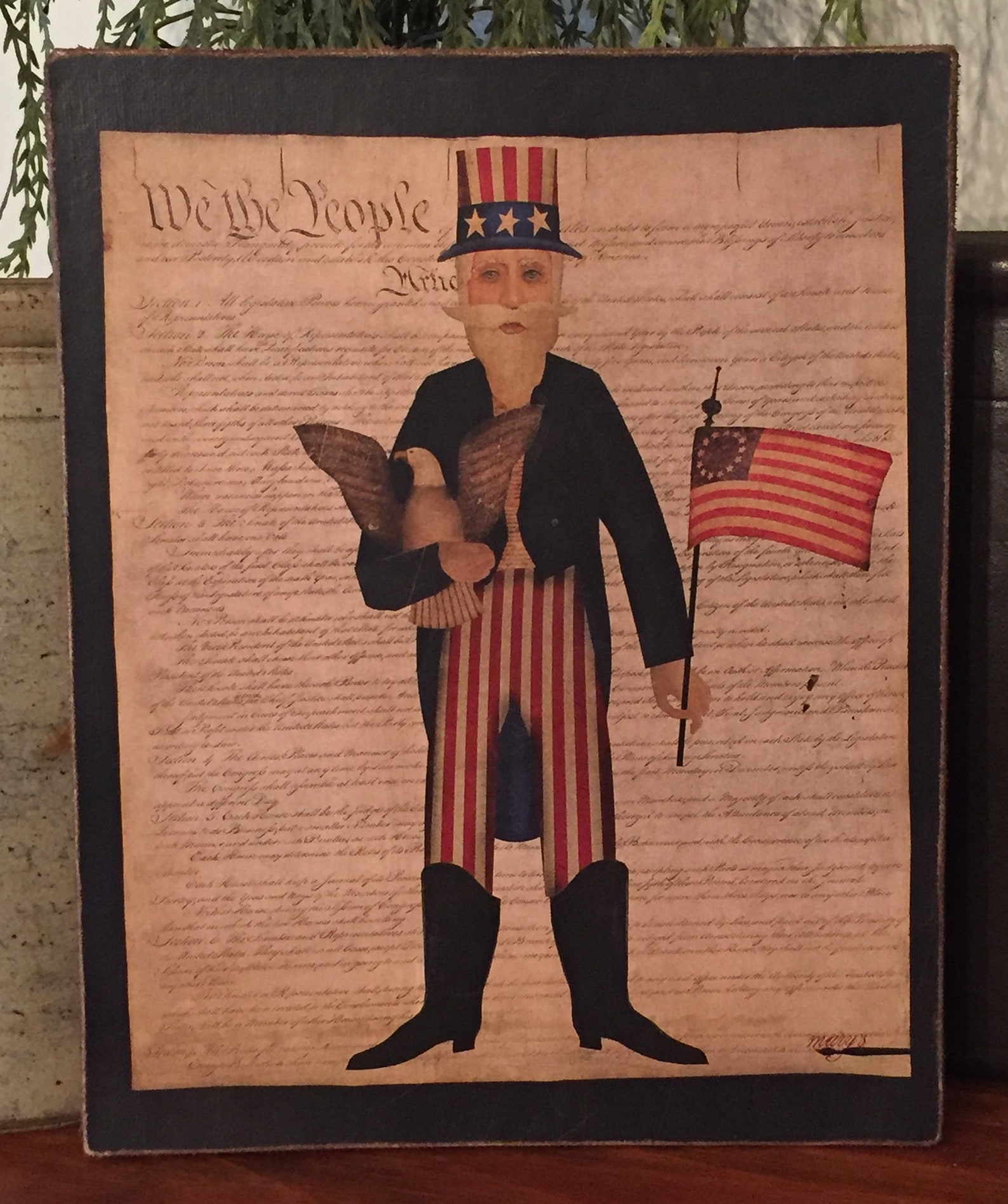 Handmade Primitive Folk Art Uncle Sam American Constitution Bald Eagle ...