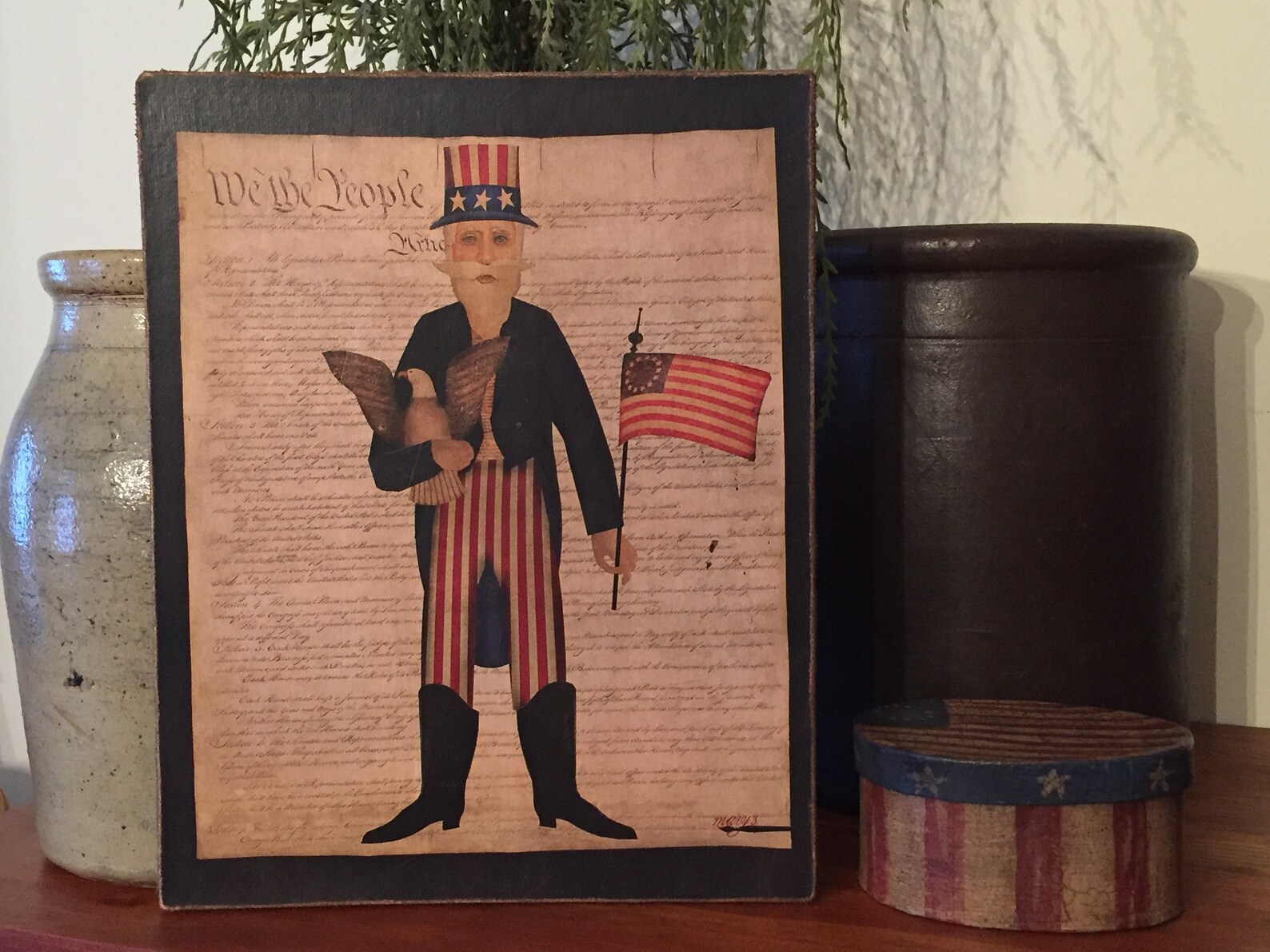 Handmade Primitive Folk Art Uncle Sam American Constitution Bald Eagle ...