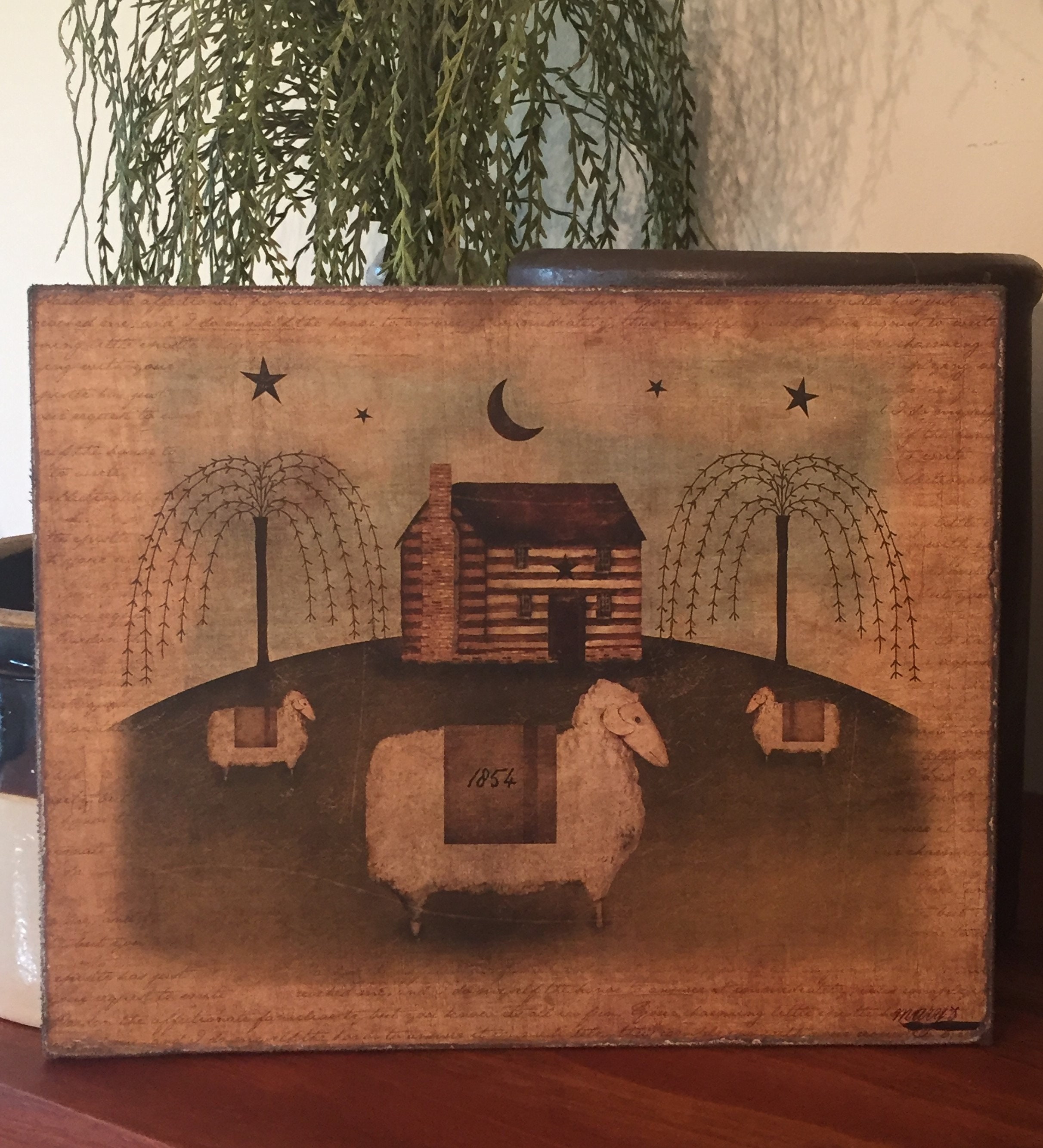 Handmade Primitive Folk Art Sheep, Log Cabin, Willow Trees 1854 Print ...