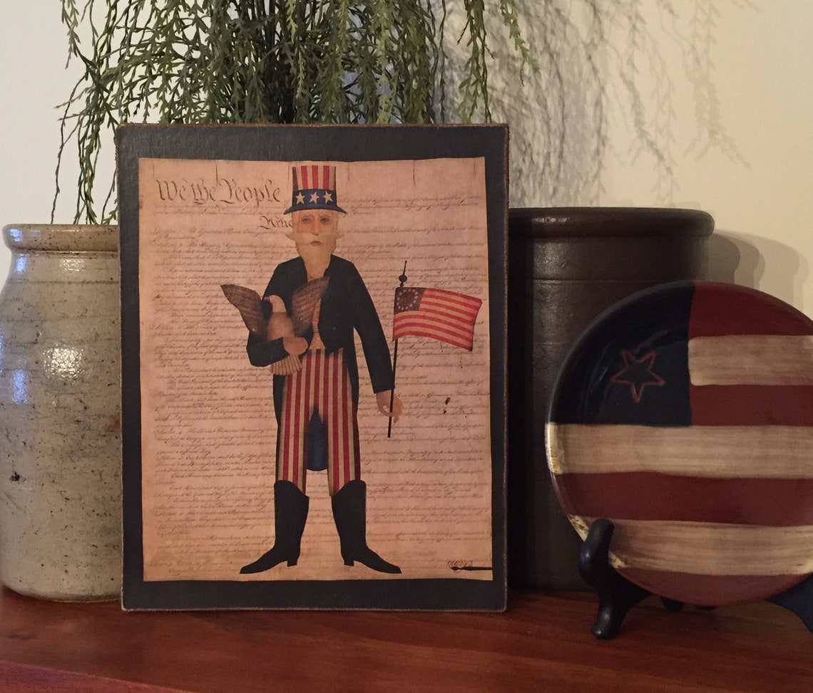 Handmade Primitive Folk Art Uncle Sam American Constitution Bald Eagle ...