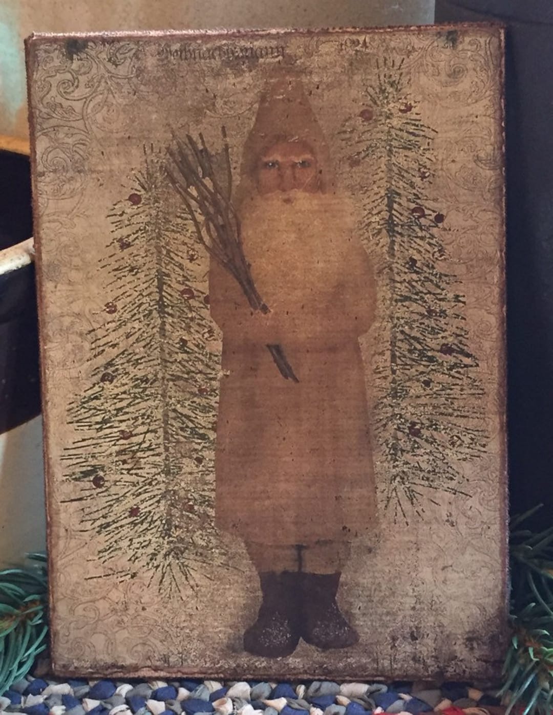 Primitive Christmas Belsnickel Santa With Trees Handmade Folk Art ...