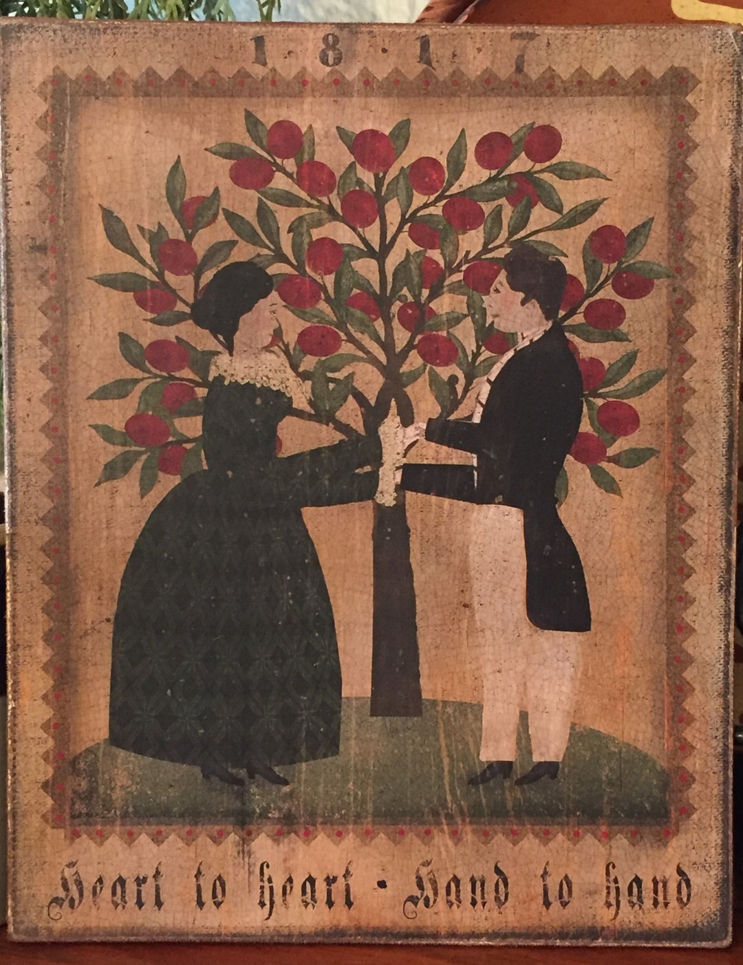 Handmade Primitive Colonial Folk Art Valentines Day Man and Woman Heart ...