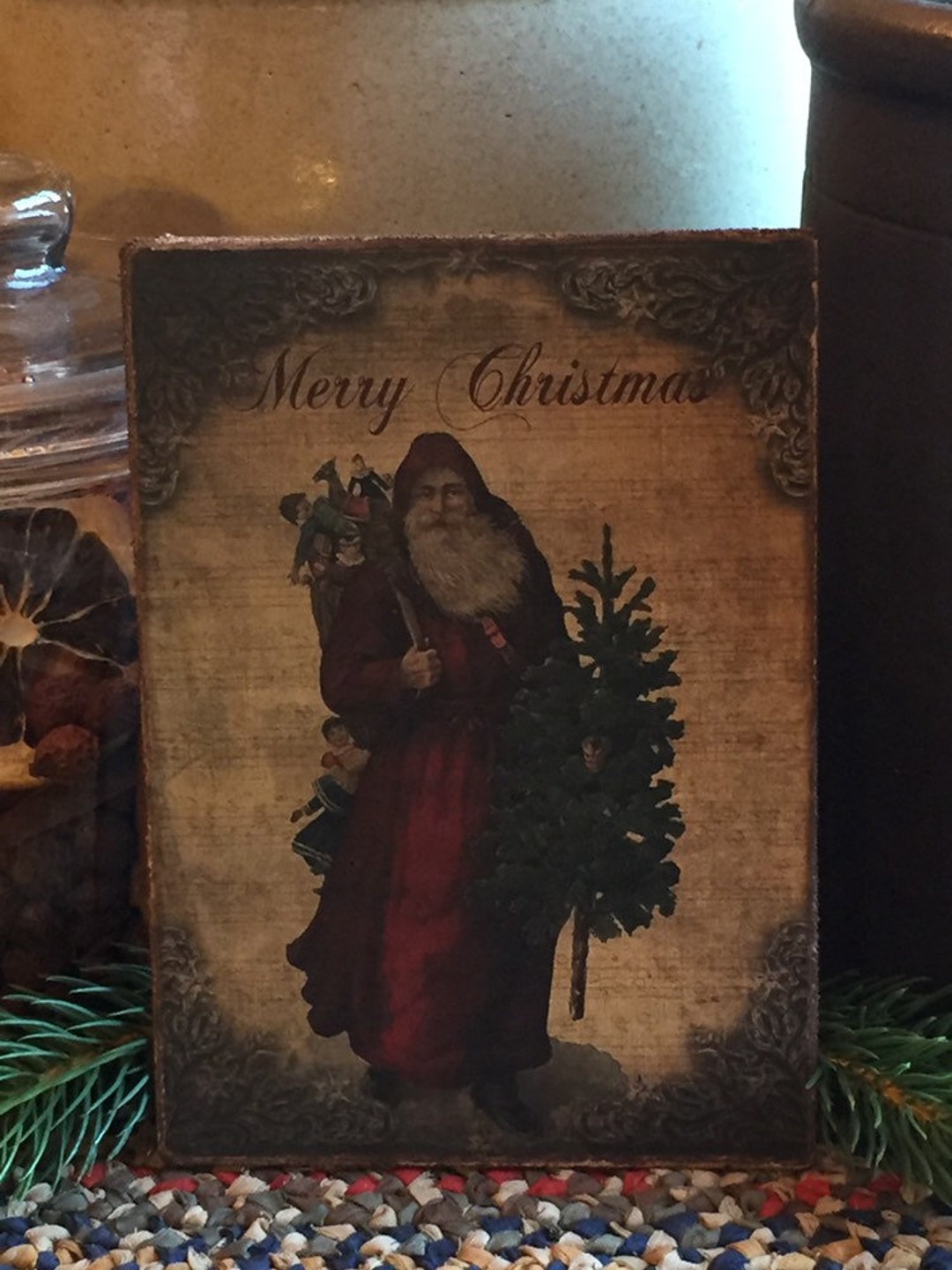 Handmade Folk Art Primitive Christmas Victorian Santa Claus Print on ...