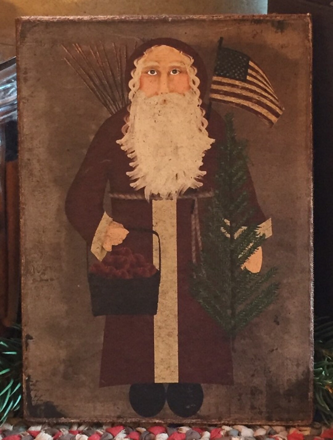 Handmade Folk Art Primitive Christmas Santa Claus With Feather Tree and ...