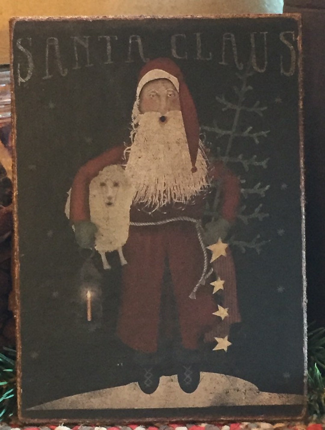 Handmade Folk Art Primitive Christmas Santa Claus With Sheep, Lantern ...