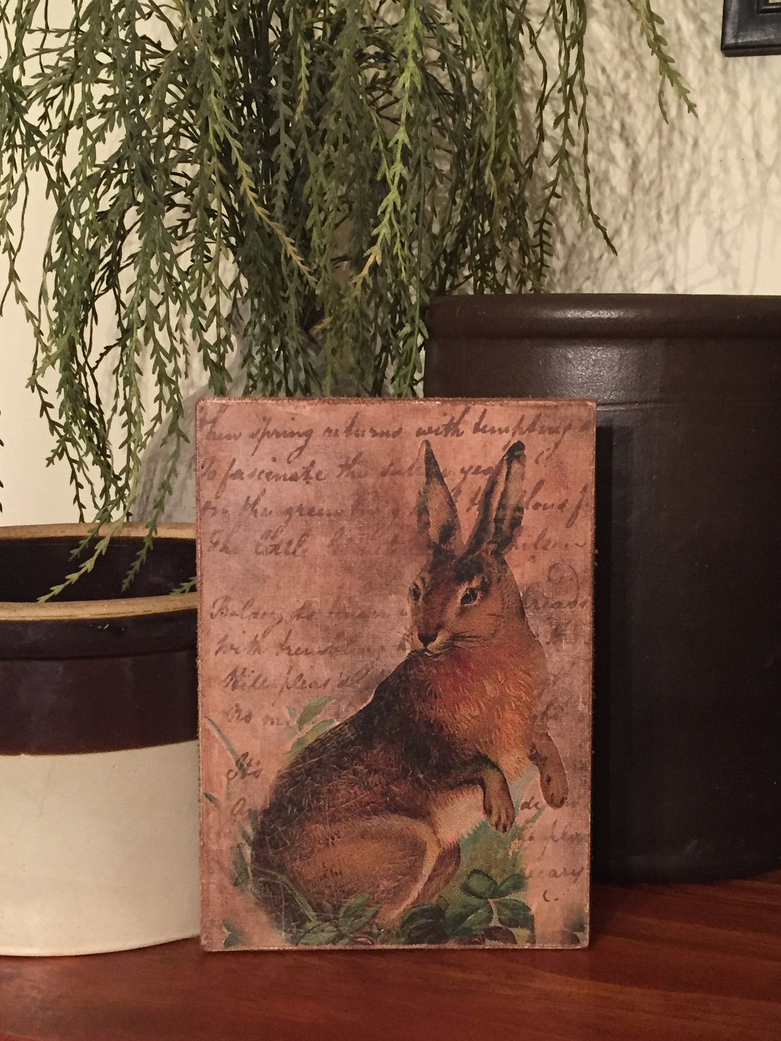 Handmade Primitive Folk Art Bunny Rabbit With Clover Print on Canvas ...