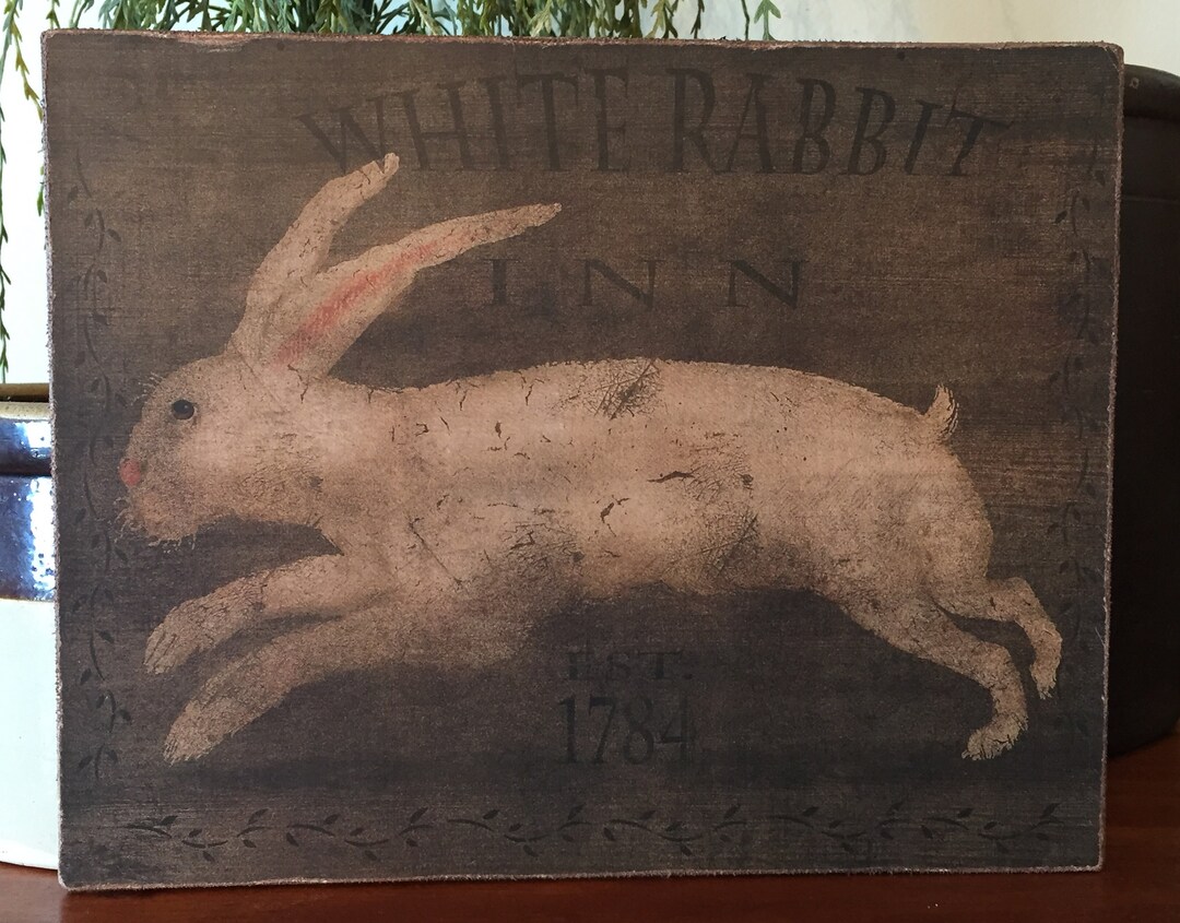 Handmade Primitive Folk Art Easter Spring White Rabbit Inn Bunny Print ...