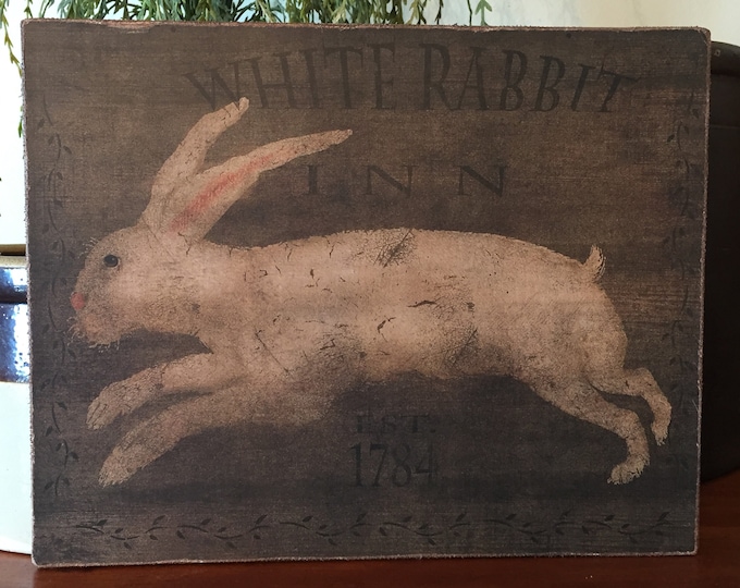 Handmade Primitive Folk Art Easter Spring White Rabbit Inn Bunny Print ...