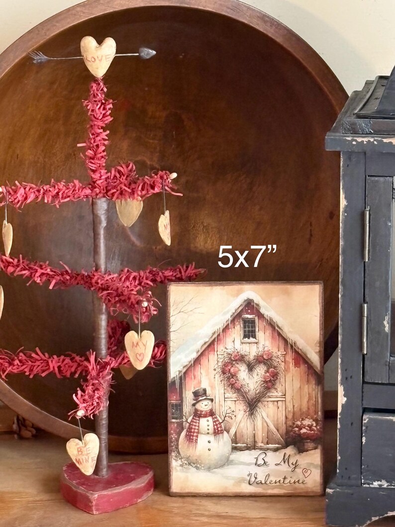 Handmade Primitive Valentines Day Snowman Heart Barn Print on Canvas ...