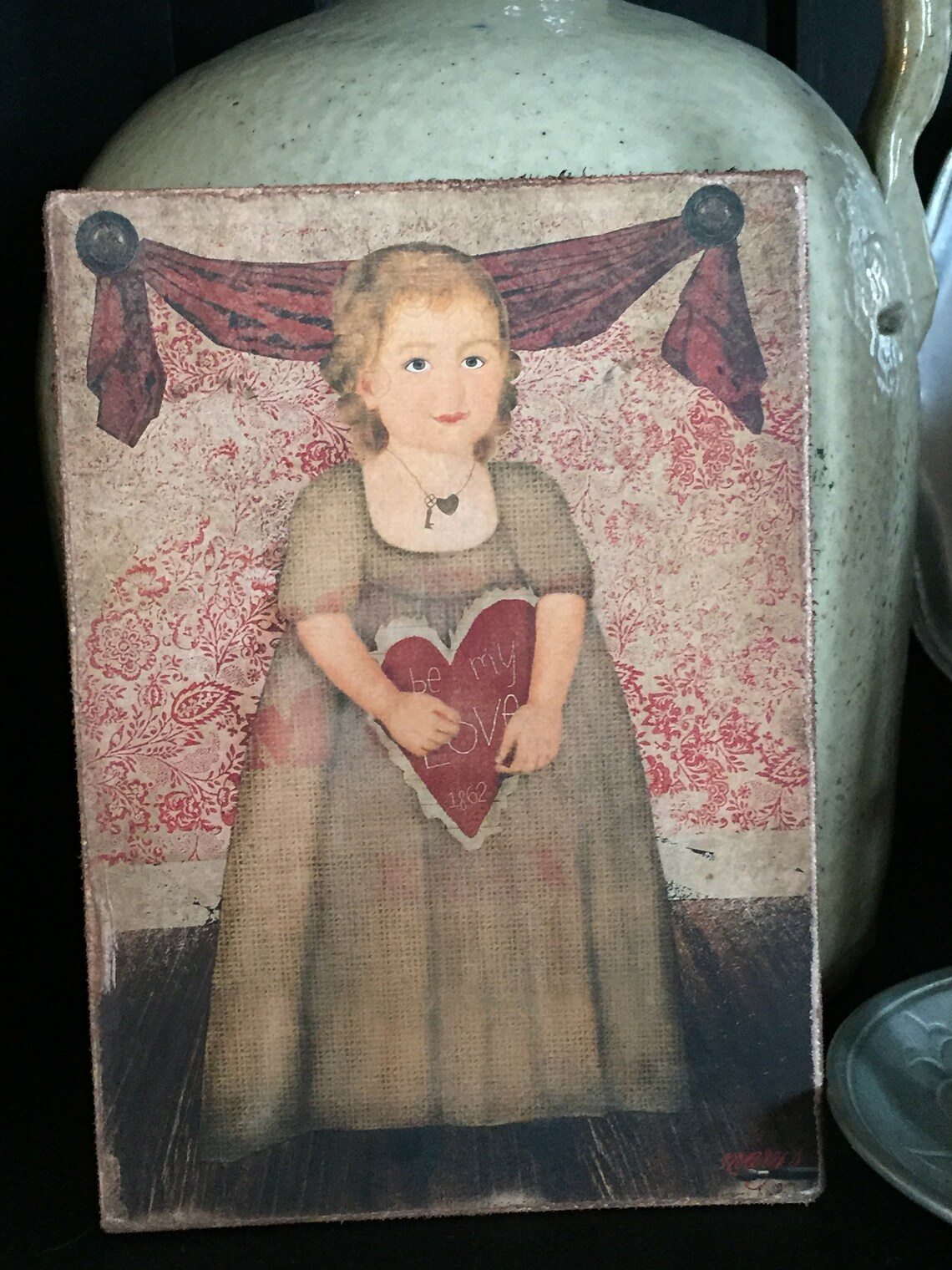 Handmade Primitive Folk Art Valentines Day Girl Heart Blonde With Plain ...