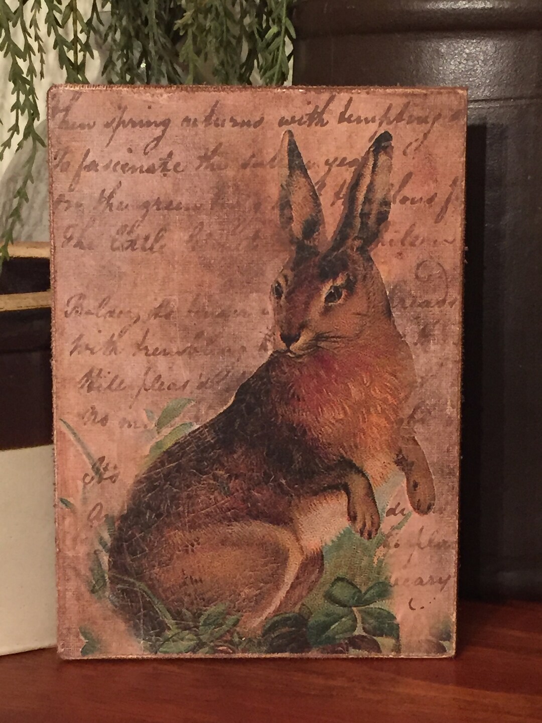 Handmade Primitive Folk Art Bunny Rabbit With Clover Print on Canvas ...