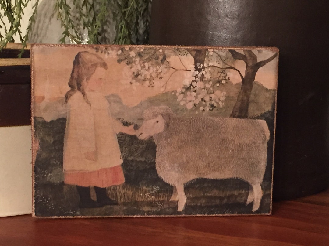 Handmade Antique Reproduction Primitive Folk Art Girl With Sheep Print ...
