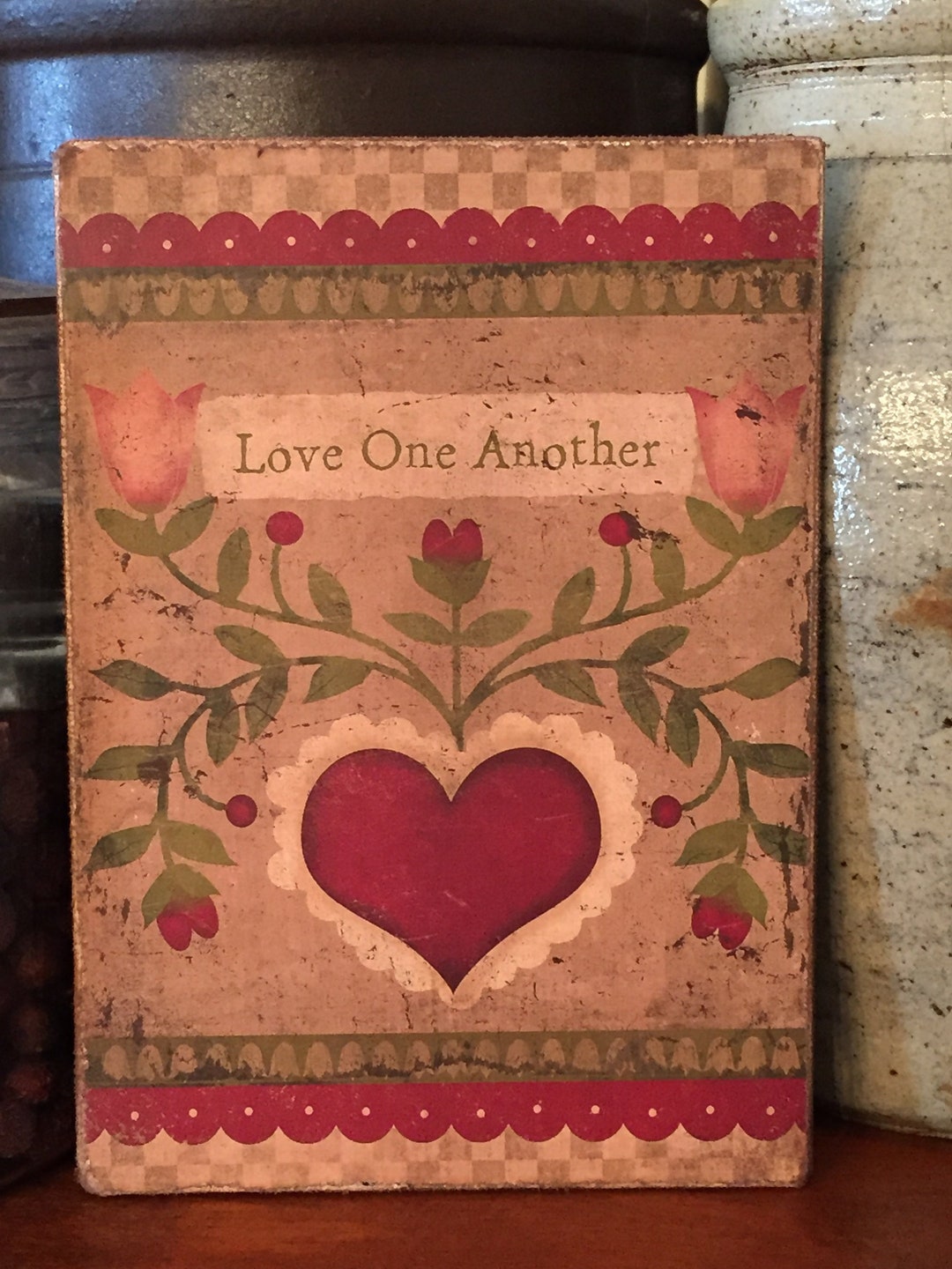 Handmade Primitive Folk Art Valentines Day Love One Another Heart and ...