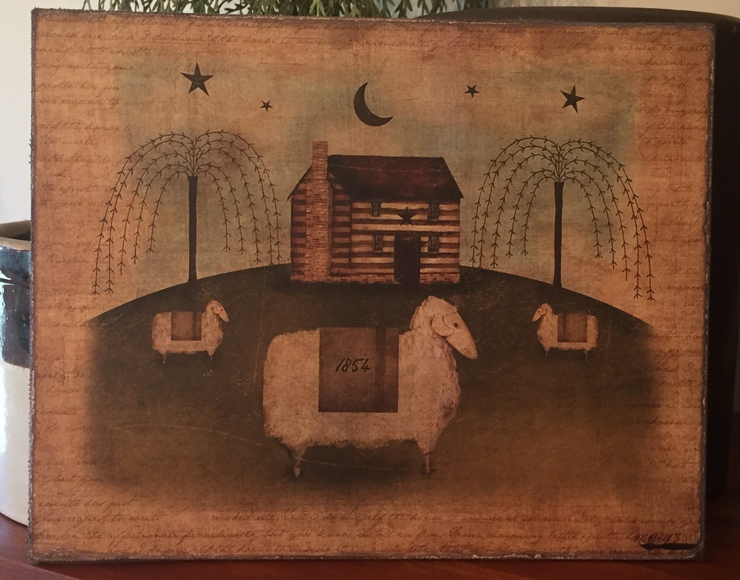 Handmade Primitive Folk Art Sheep, Log Cabin, Willow Trees 1854 Print ...