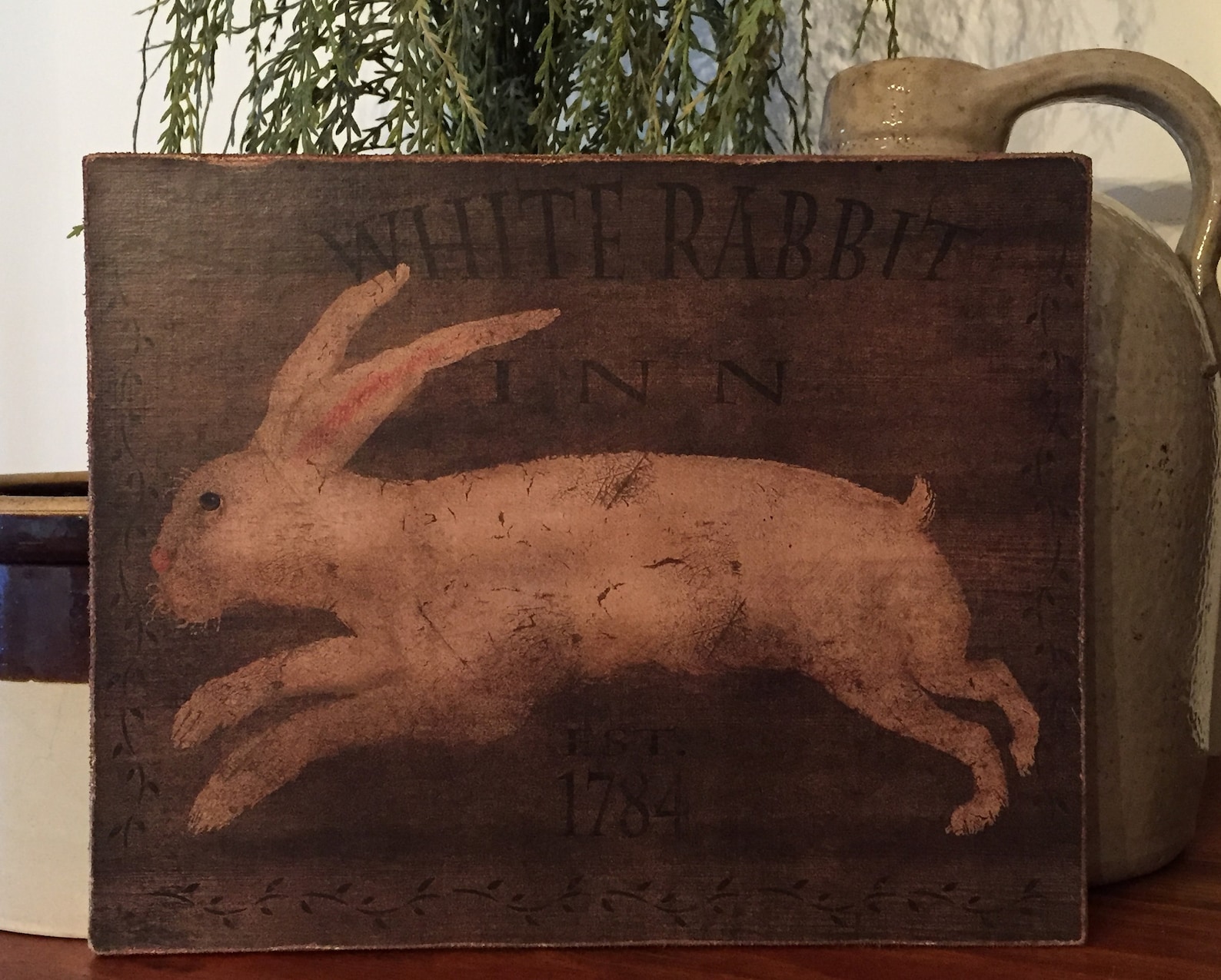 Handmade Primitive Folk Art Easter Spring White Rabbit Inn Bunny Print ...
