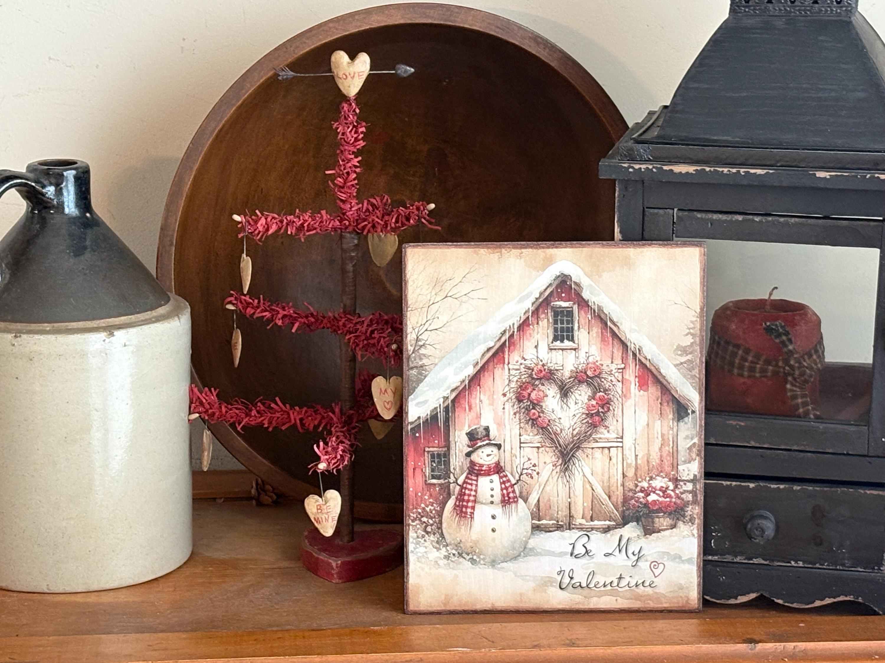 Handmade Primitive Valentines Day Snowman Heart Barn Print on Canvas ...