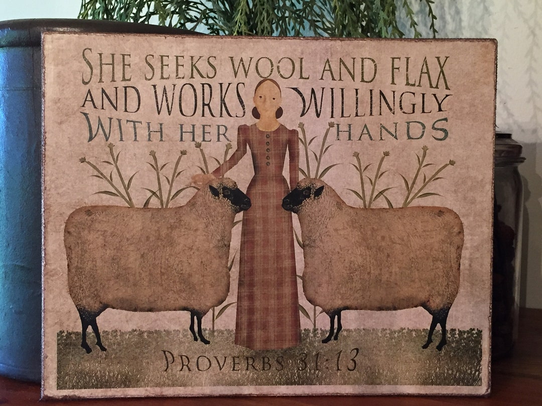 Handmade Primitive Folk Art Woman With Sheep Proverbs 31:13 Beth Albert ...
