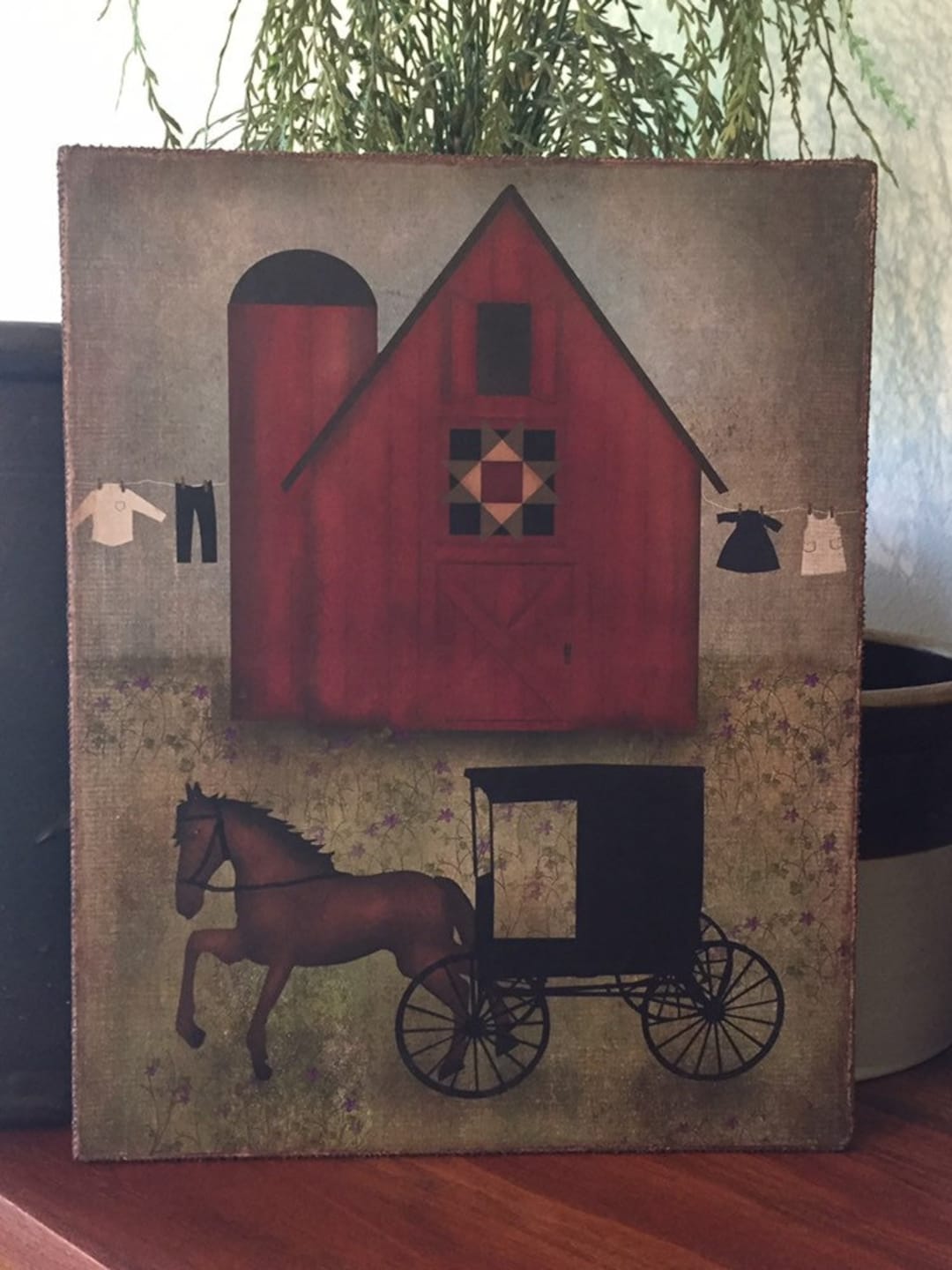 Primitive Folk Art Amish Barn With Buggy and Horse Print on Canvas ...