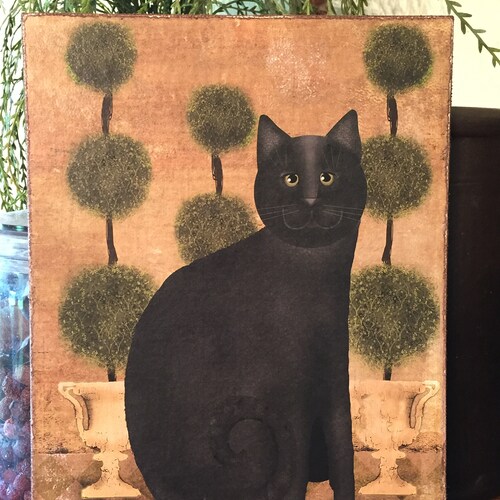 Handmade Primitive Black Cat Red Bird Folk Art Print on Canvas - Etsy