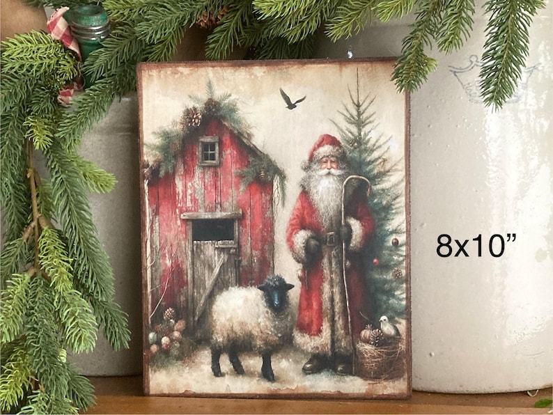 Primitive Christmas Santa Sheep Barn Farmhouse Vintage Handmade Print ...
