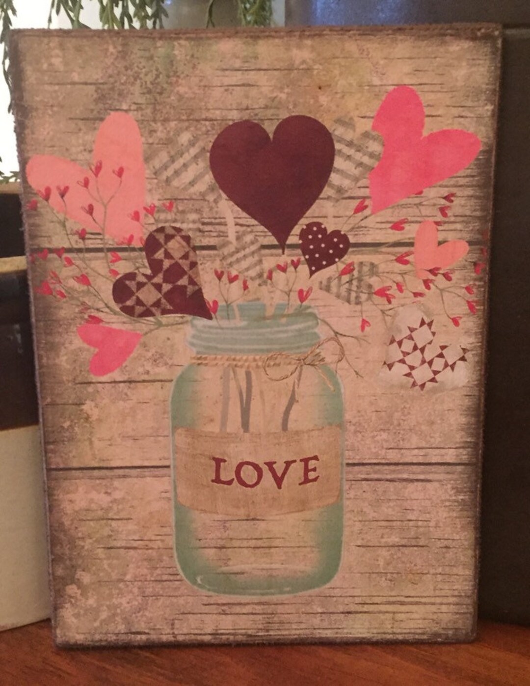 Handmade Primitive Folk Art Valentines Day Hearts in Glass Jar That ...