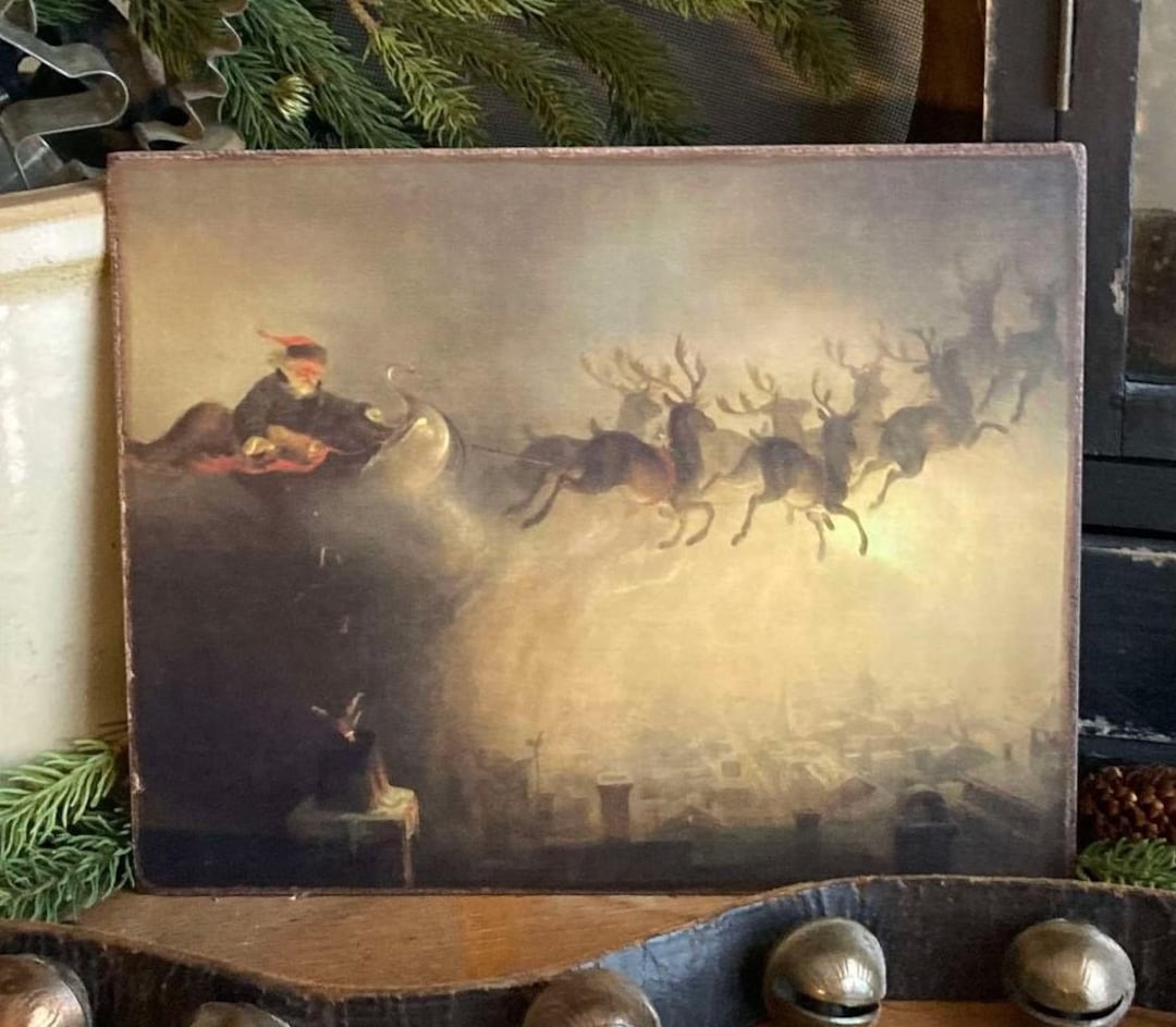 Christmas Santa Sleigh Reindeer Dropping Toys in Chimney Primitive ...