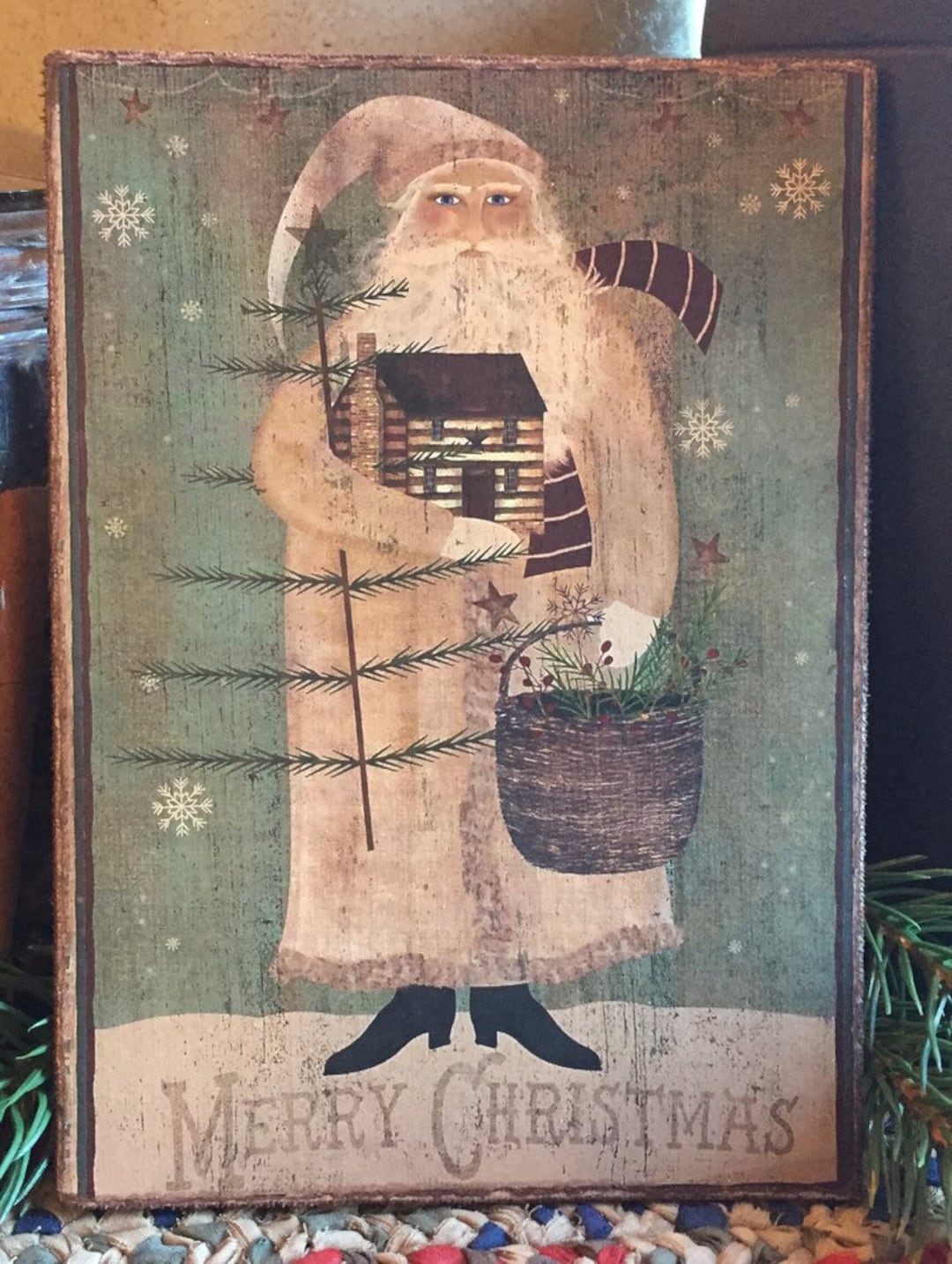 Handmade Folk Art Primitive Christmas Santa With Log Cabin and Feather ...