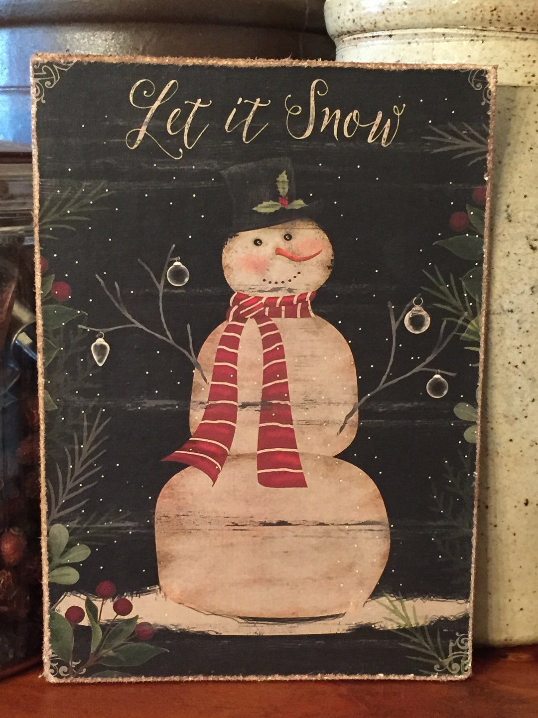 Primitive Snowman With Ornaments Winter Let It Snow Handmade Folk Art ...