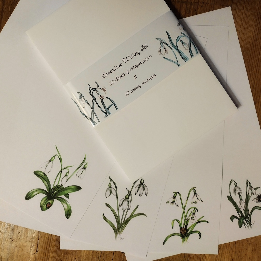 Snowdrop Writing Paper Set 30 Illustrated 120gsm Sheets With 5 Snowdrop ...