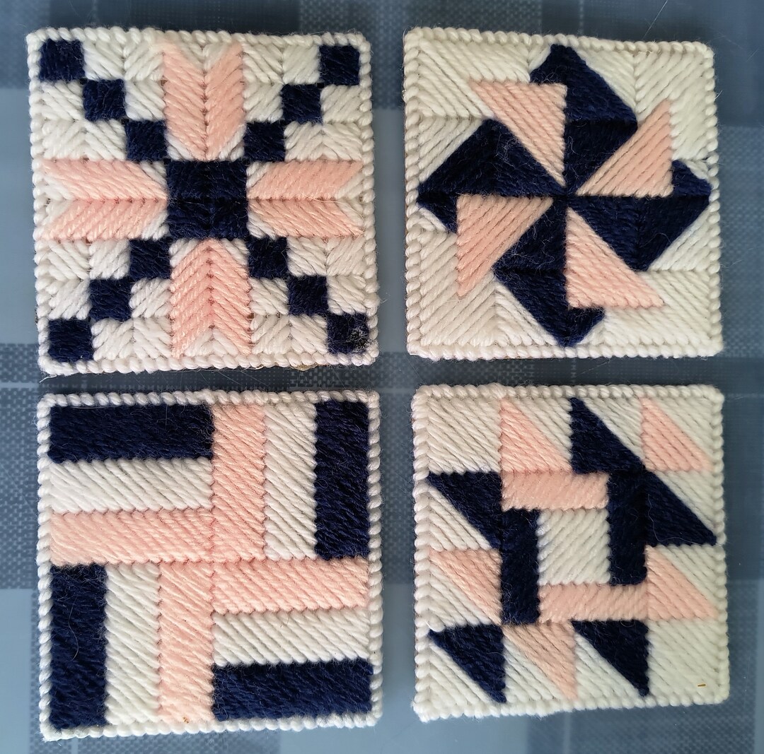 Plastic Canvas Coaster Set in Navy and Pink - Etsy