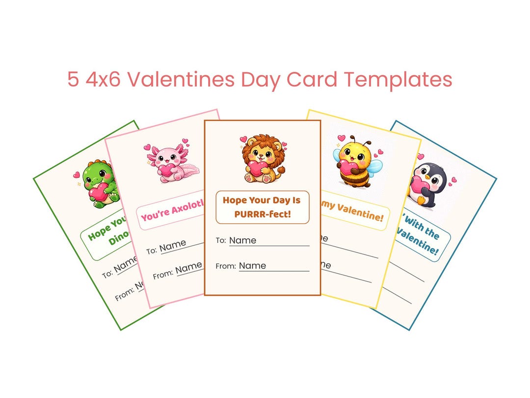 Simple Animal Valentines Template - 5 4x6 Cards - Printable Mini Sheets ...
