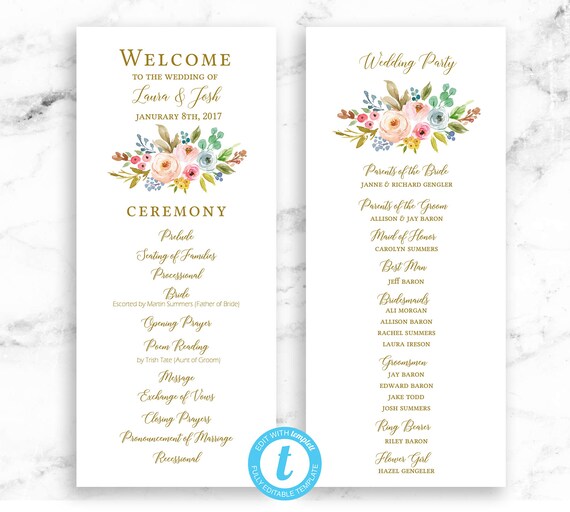 Wedding Program Ceremony Printable Template Colorful Roses - Etsy